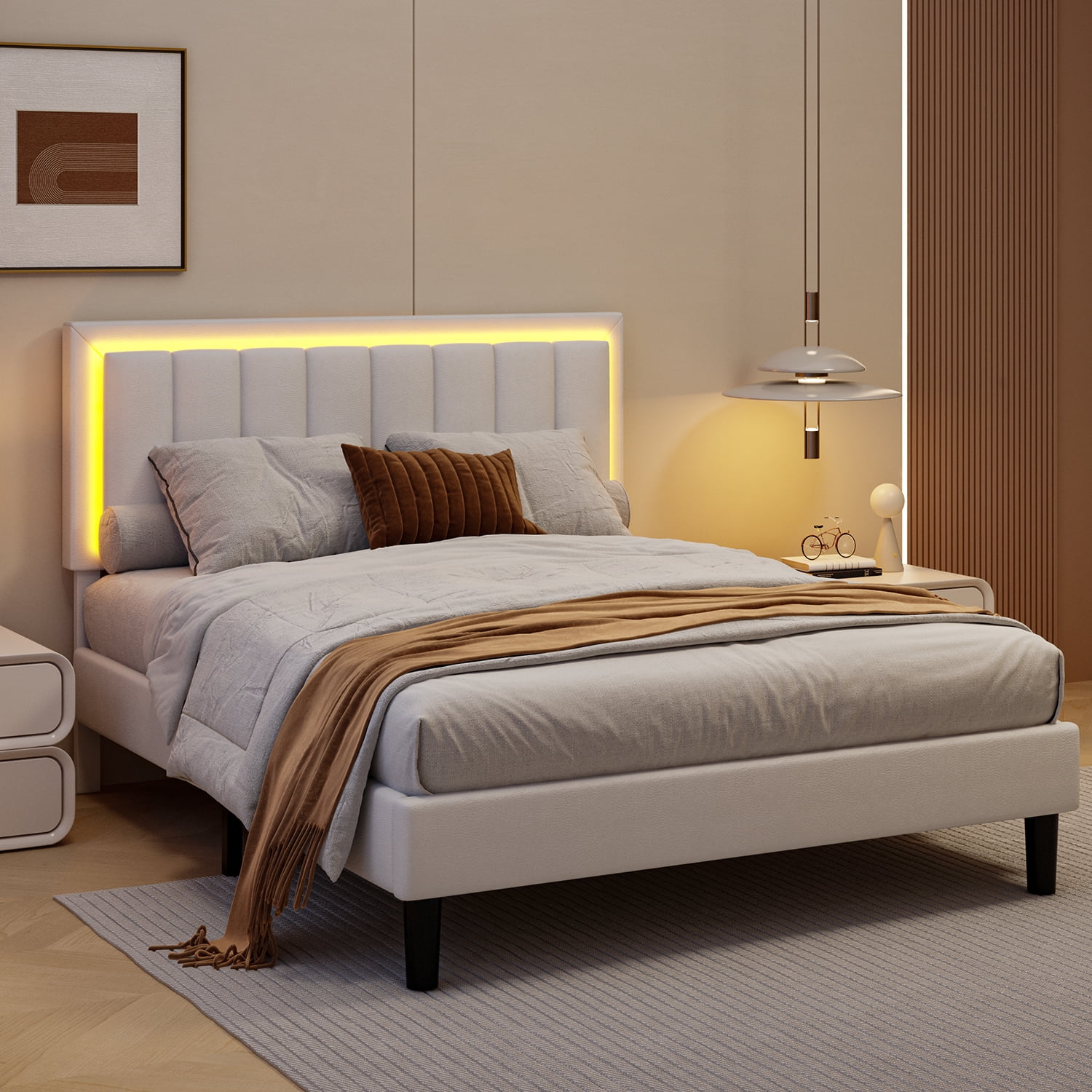 4 EVER WINNER Queen Size LED Bed Frame, White Queen Bed Frame with LED ...