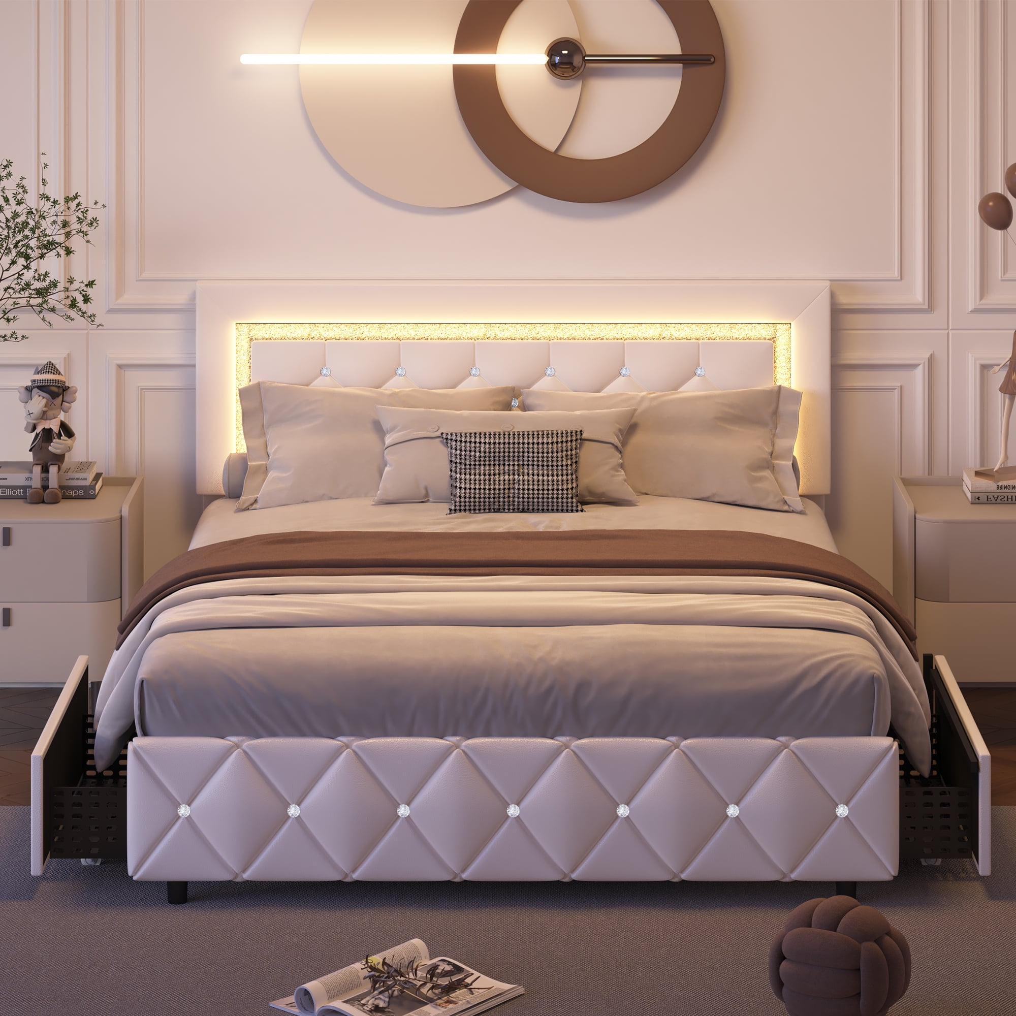 4 EVER WINNER Queen Size LED Bed Frame with Storage, Upholstered ...