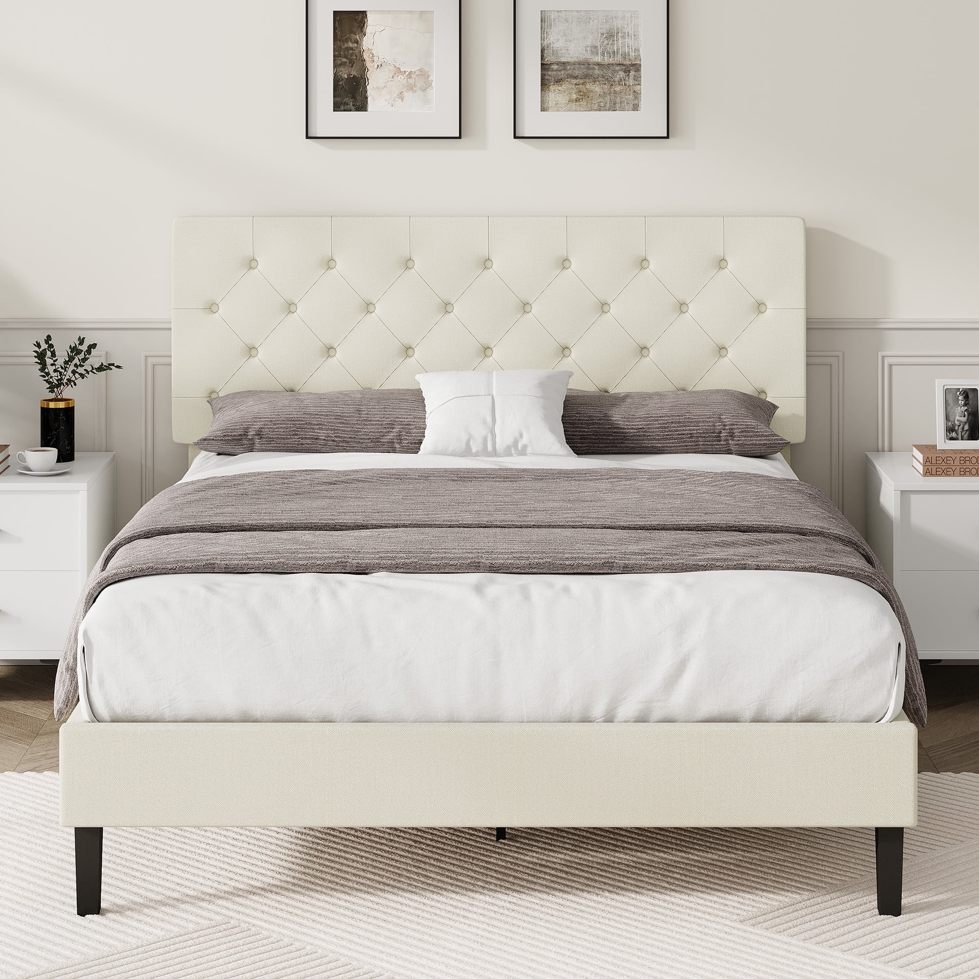 4 EVER WINNER Queen Size Upholstered Platform Bed Frame with Headboard ...