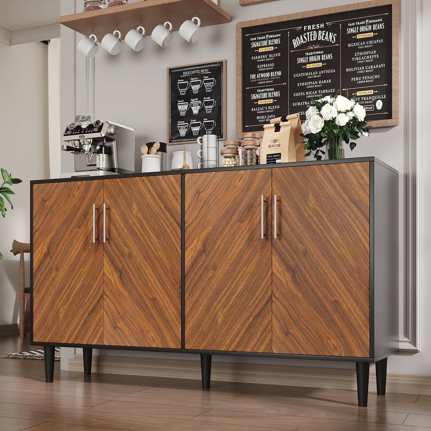 4 EVER WINNER Sideboard Buffet Cabinet with Storage, 58” Coffee Bar ...