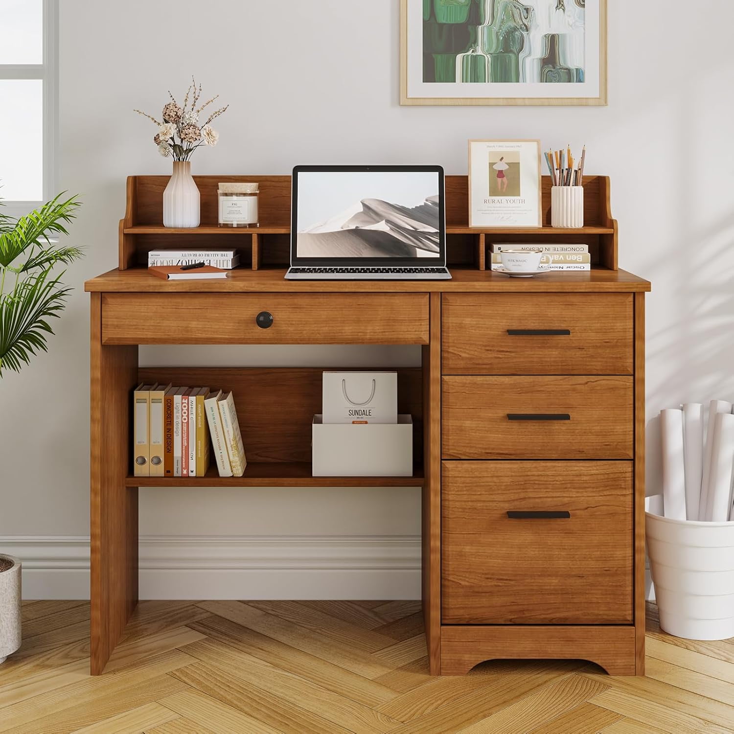 4 EVER WINNER Small Desk with Drawers, 44 Inch Farmhouse Desk with ...