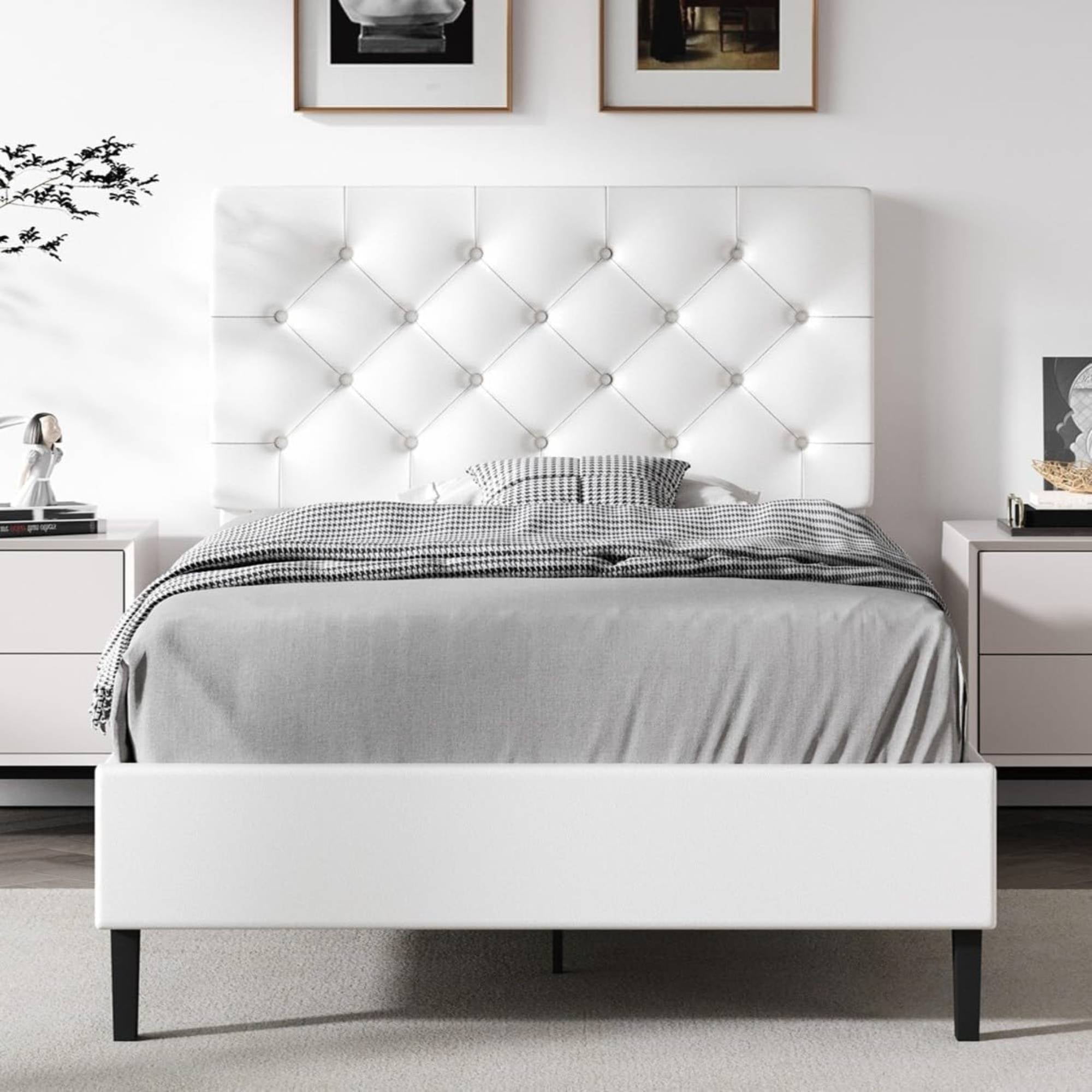 4 EVER WINNER Twin Bed Frame with Headboard, Upholstered Platform Bed ...