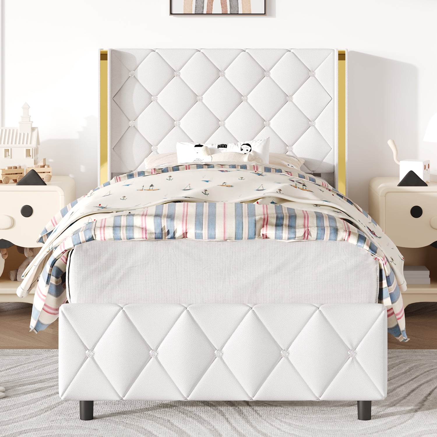 4 EVER WINNER Twin Bed Frame, PU Leather Upholstered Platform Bed Frame ...