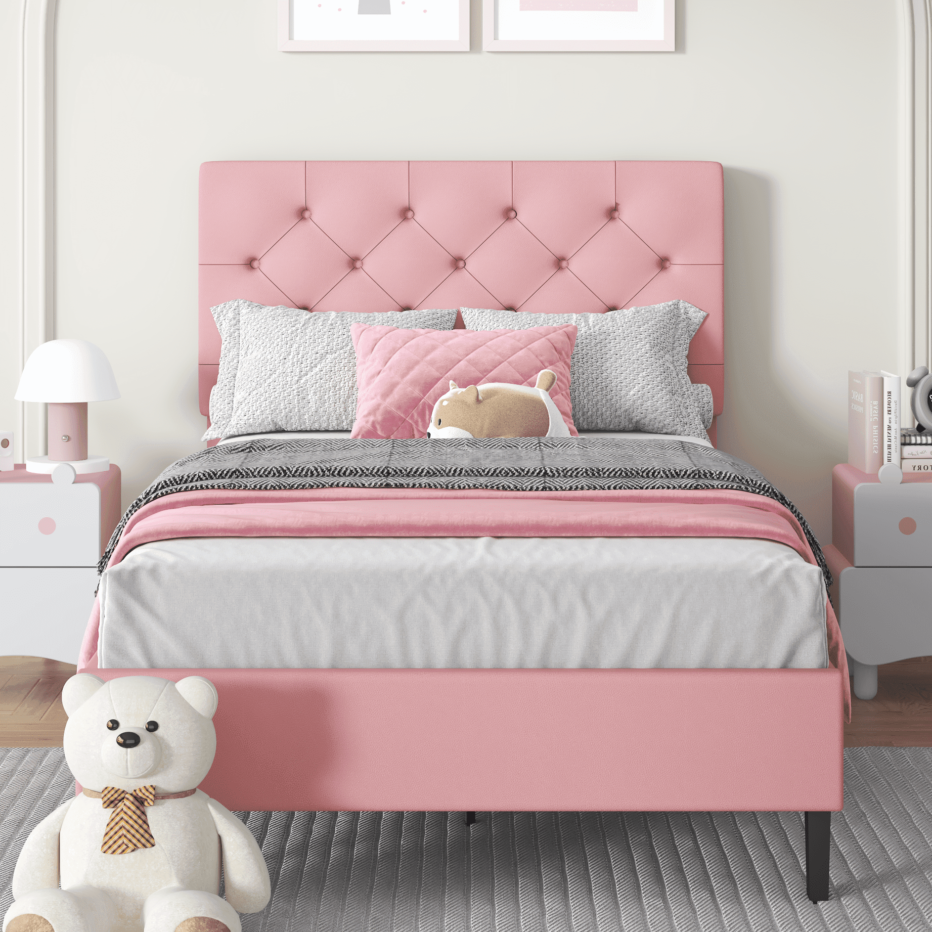 4 Ever Winner Pink Twin Bed Frame, Modern Upholstered Platform, Button ...