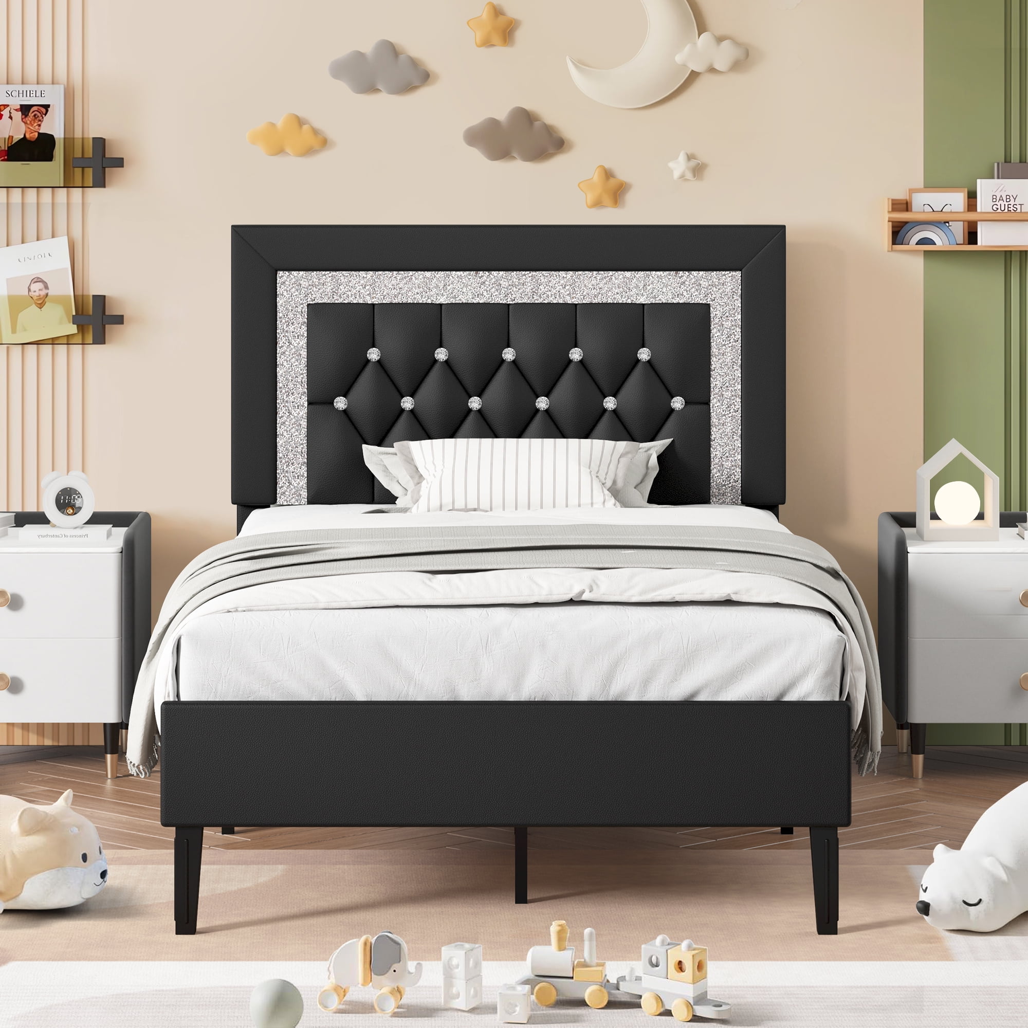 4 EVER WINNER Twin Bed Frame, Upholstered Platform Bed with Headboard ...