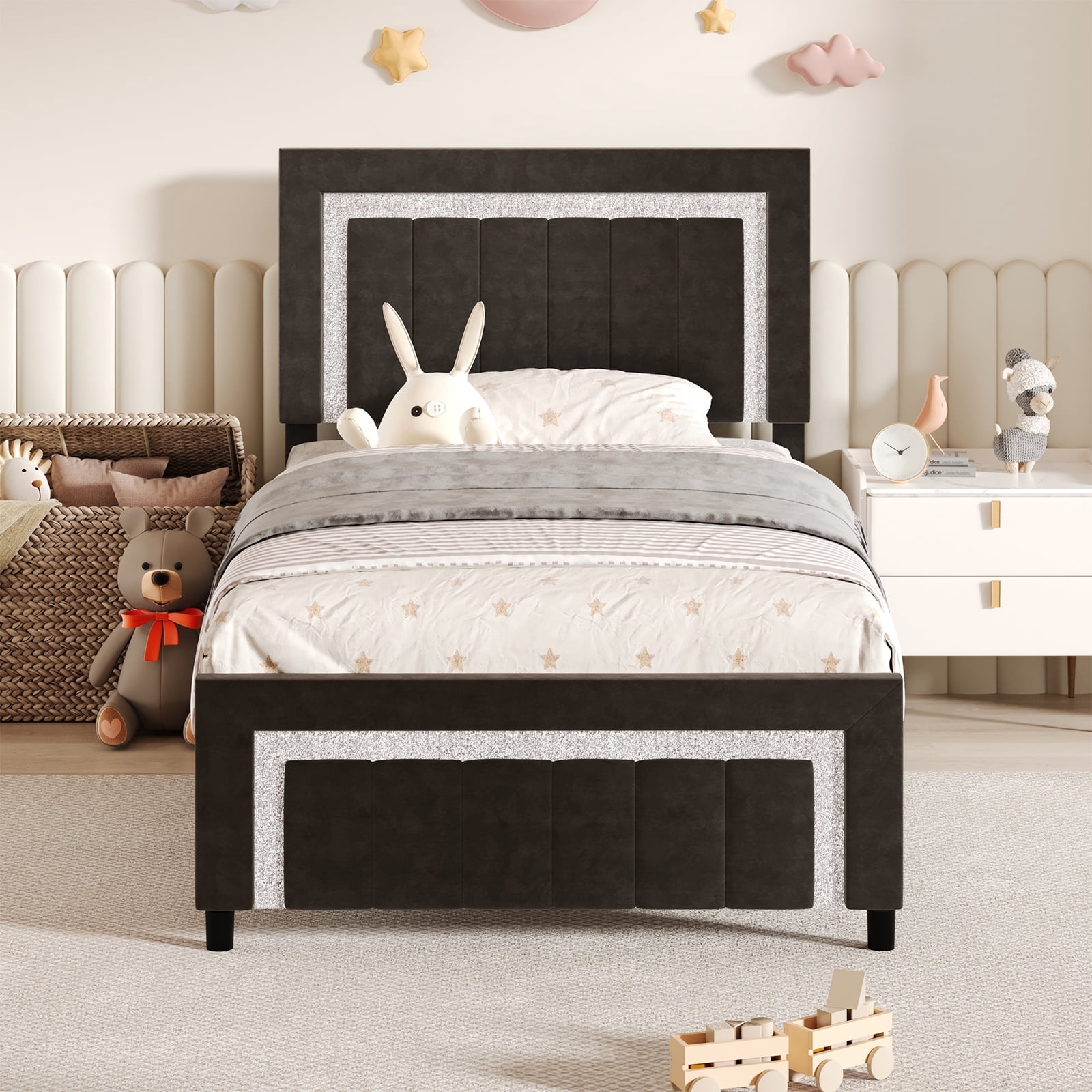 4 EVER WINNER Twin Bed Frame, Velvet Upholstered Bed Frame with Diamond ...