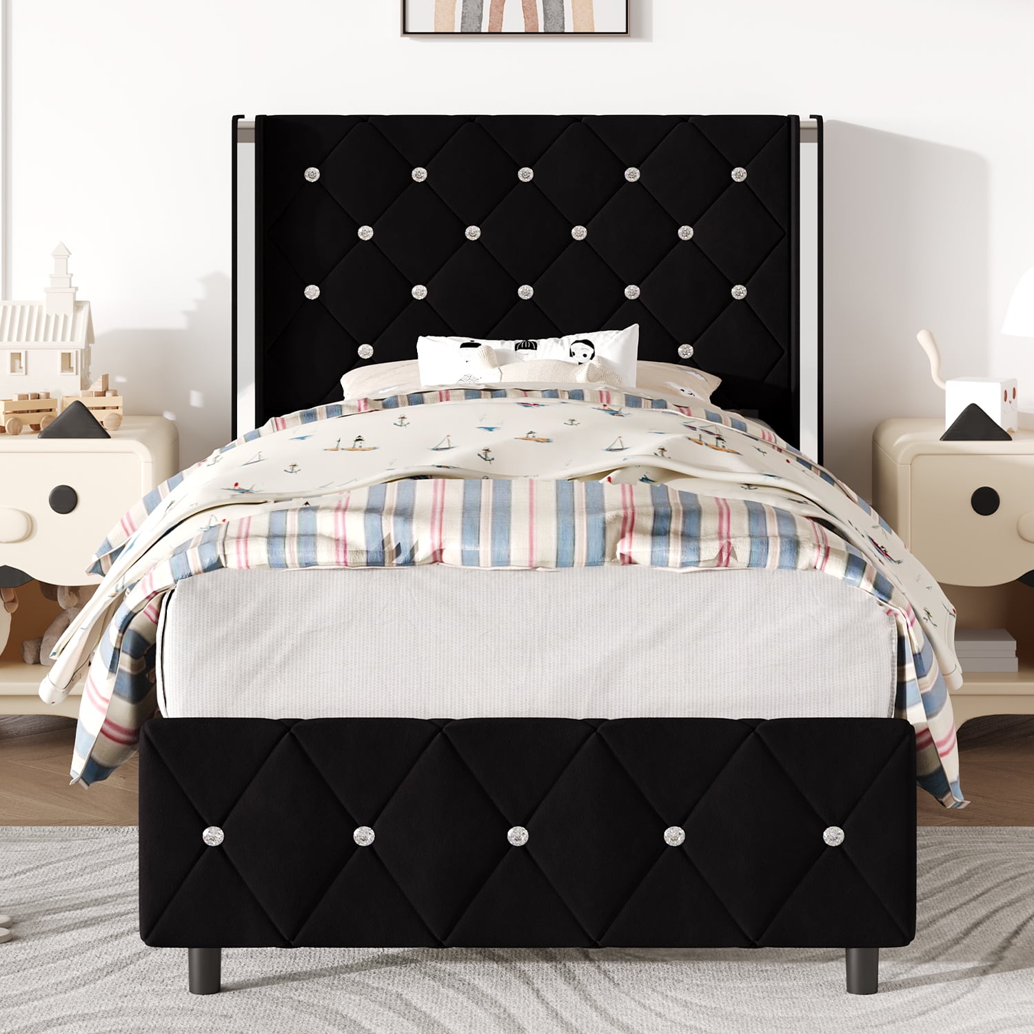 4 EVER WINNER Twin Bed Frame, Velvet Upholstered Platform Bed Frame ...