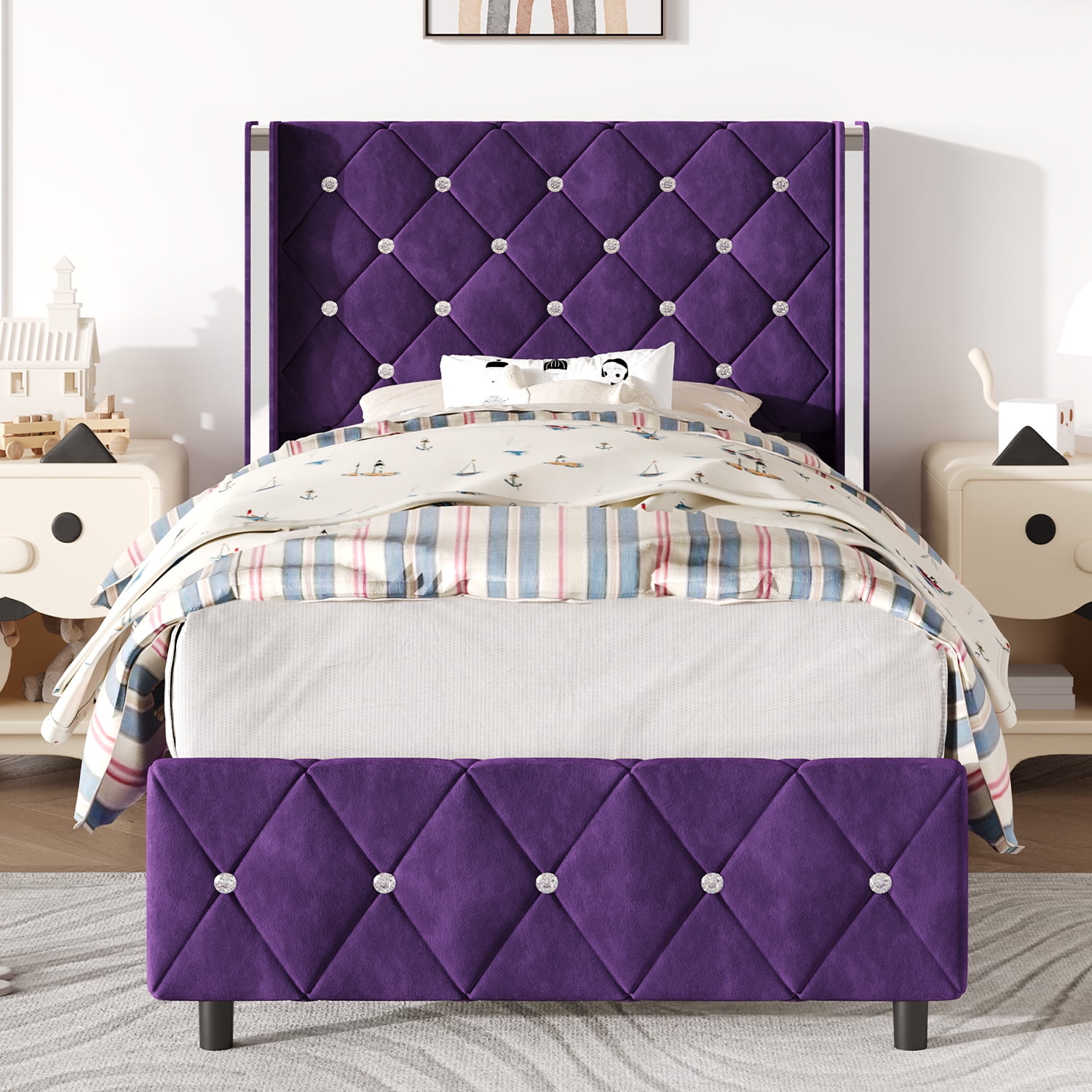 4 EVER WINNER Twin Bed Frame, Velvet Upholstered Platform Bed Frame ...