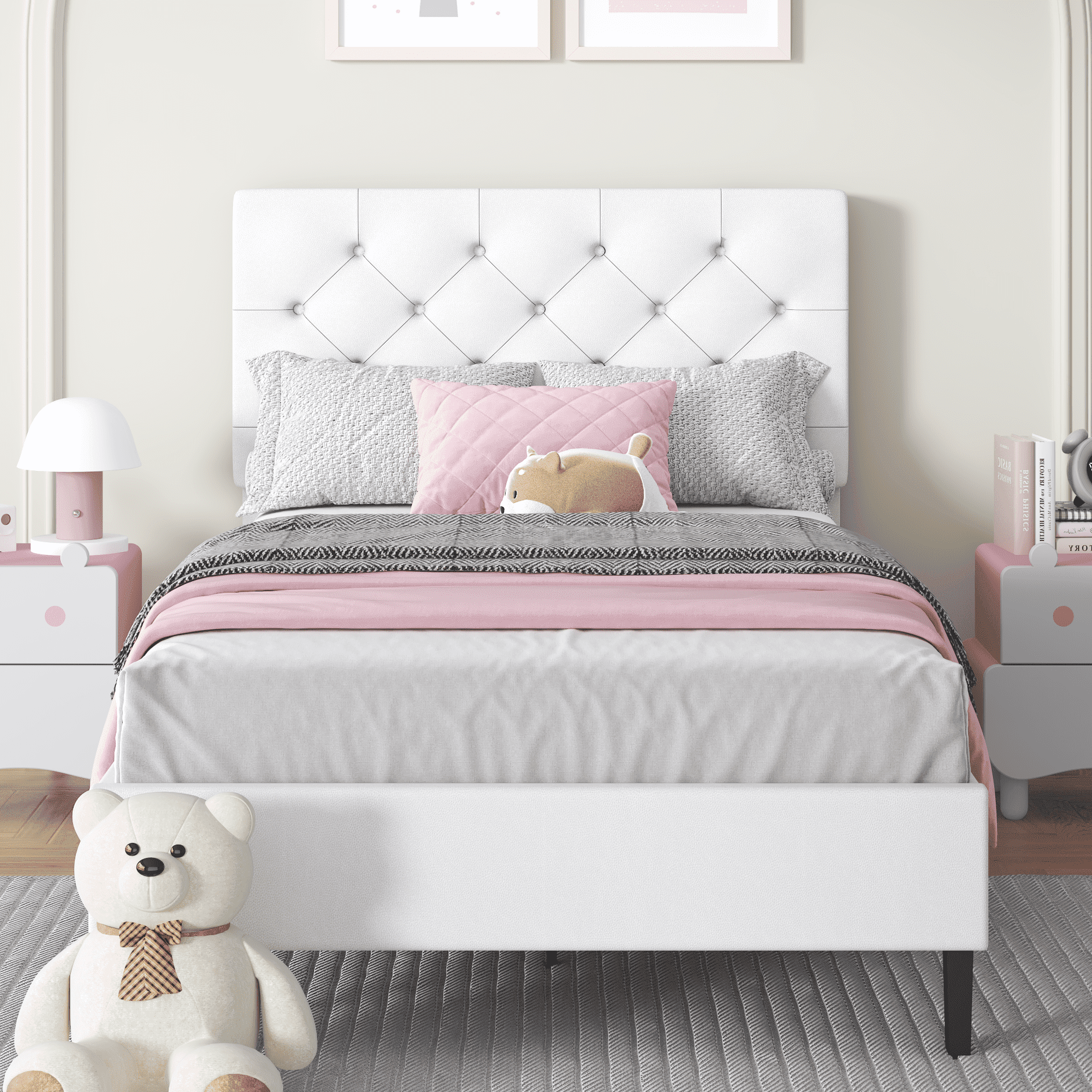 4 Ever Winner Twin Bed Frame, White Upholstered Platform Bed, Button ...