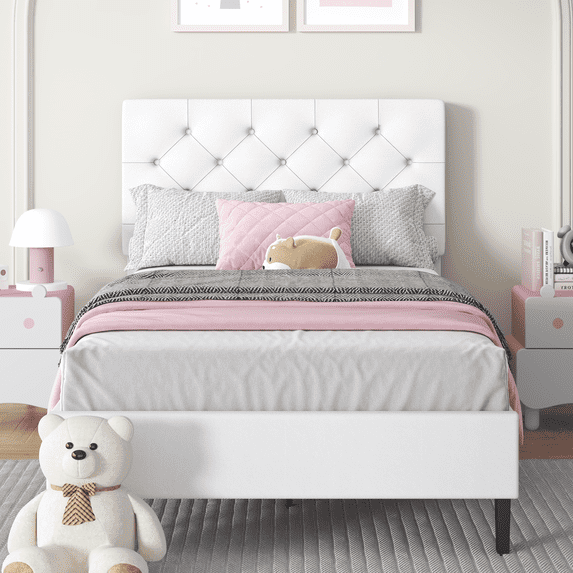 4 Ever Winner Twin Bed Frame, White Upholstered Platform Bed, Button ...