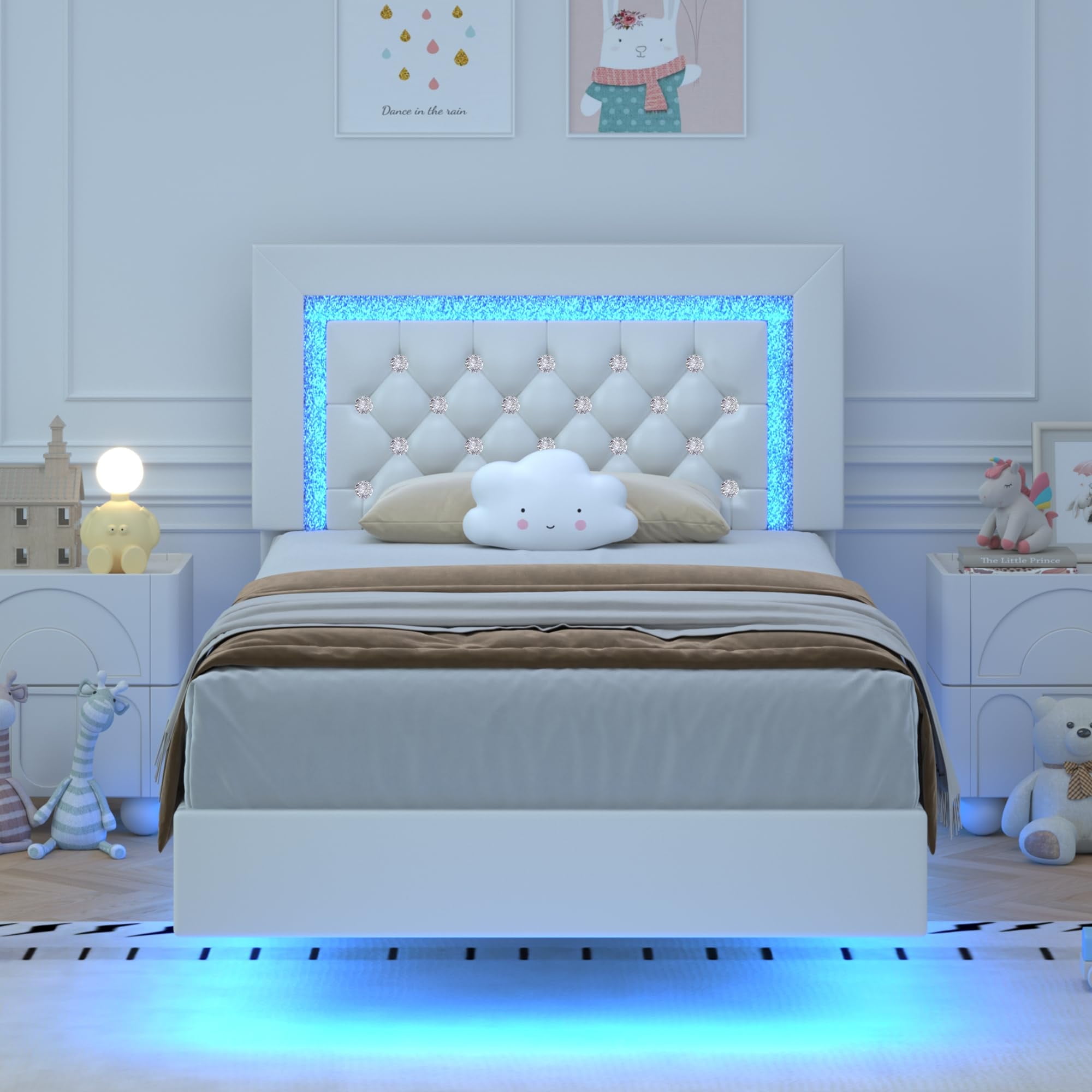 4 EVER WINNER Twin Floating Bed Frame with LED Lights, LED Upholstered ...