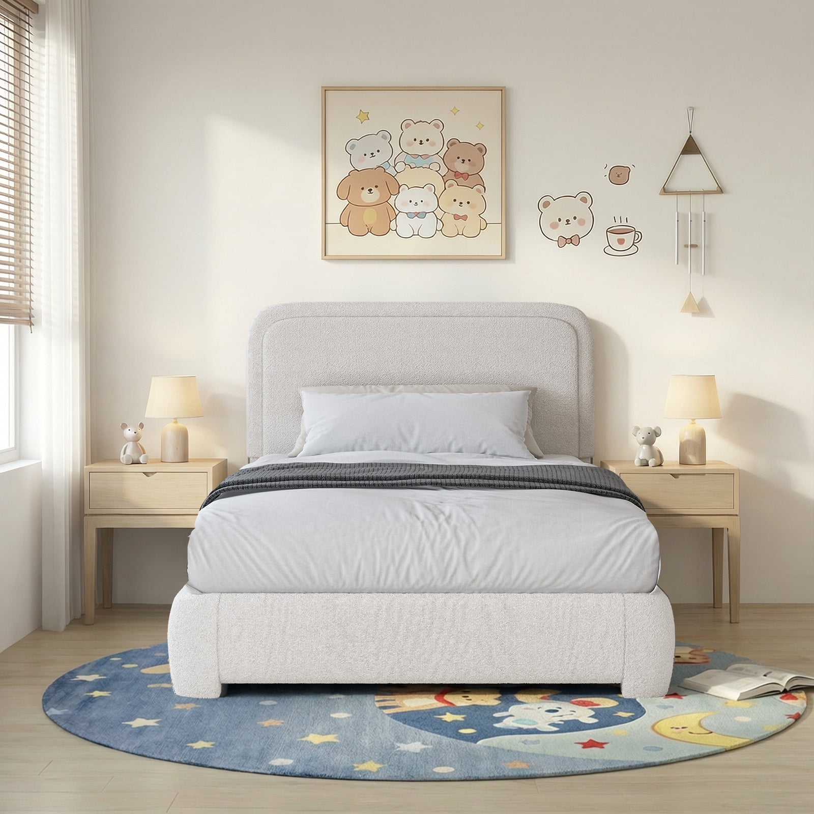 4 Ever Winner Twin Size Boucle Upholstered Bed Frame, Cream, No Box ...