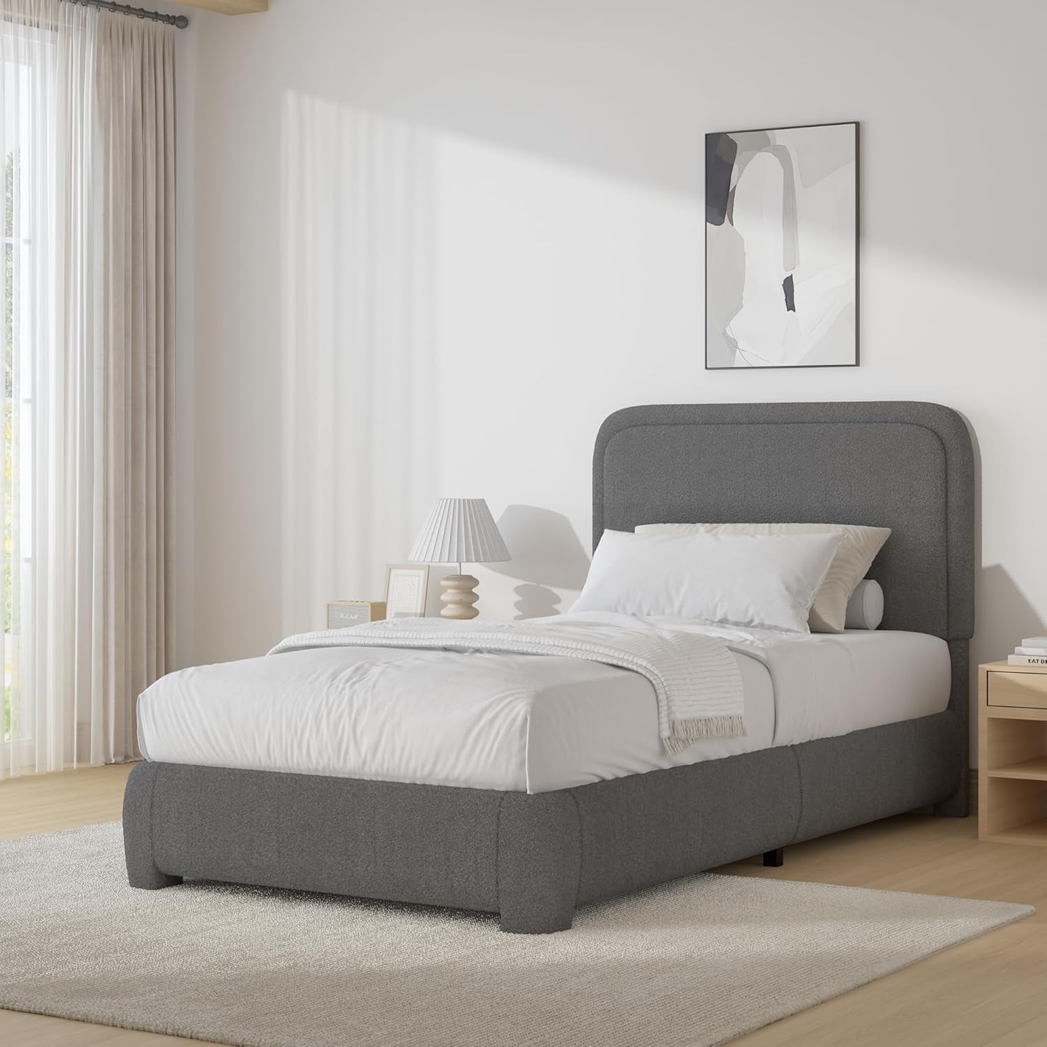 4 Ever Winner Twin Size Bed Frame, Boucle Upholstered Bed with Curved ...