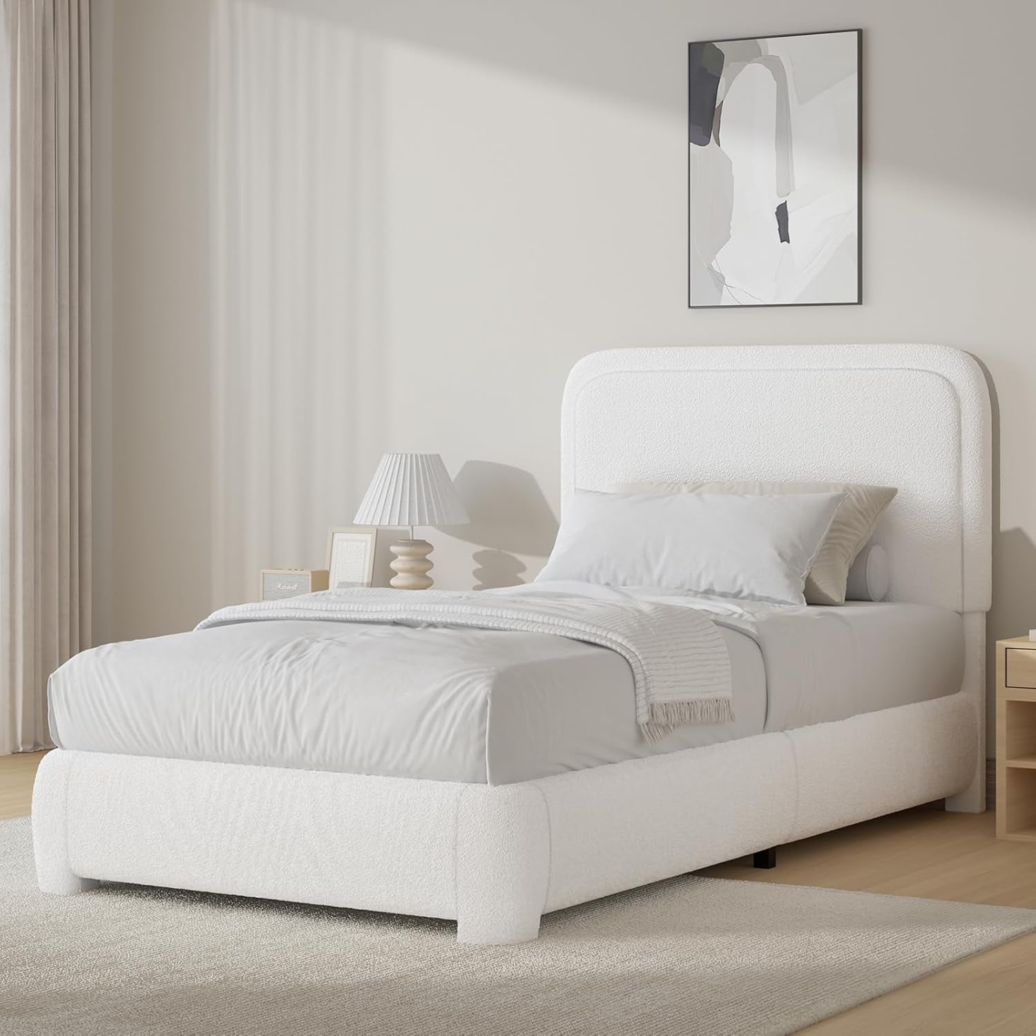 4 Ever Winner Twin Bed Frame, White Boucle Upholstered Frame, Curved ...