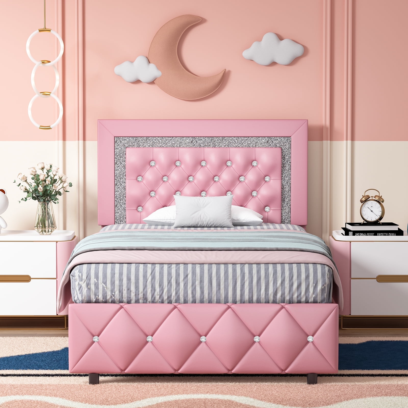 4 EVER WINNER Twin Bed Frame, Pink Twin Bed Frame for Kids Girls ...