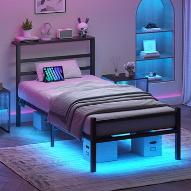 4 EVER WINNER Full Size LED Bed Frame, Upholstered Platform Bed with 4 ...