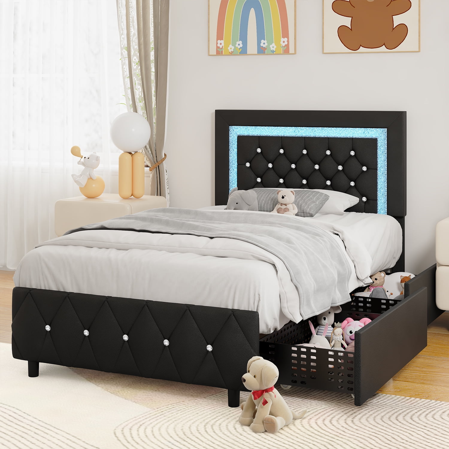 4 EVER WINNER Twin Size LED Bed Frame with 2 Drawers, Black Twin Bed ...
