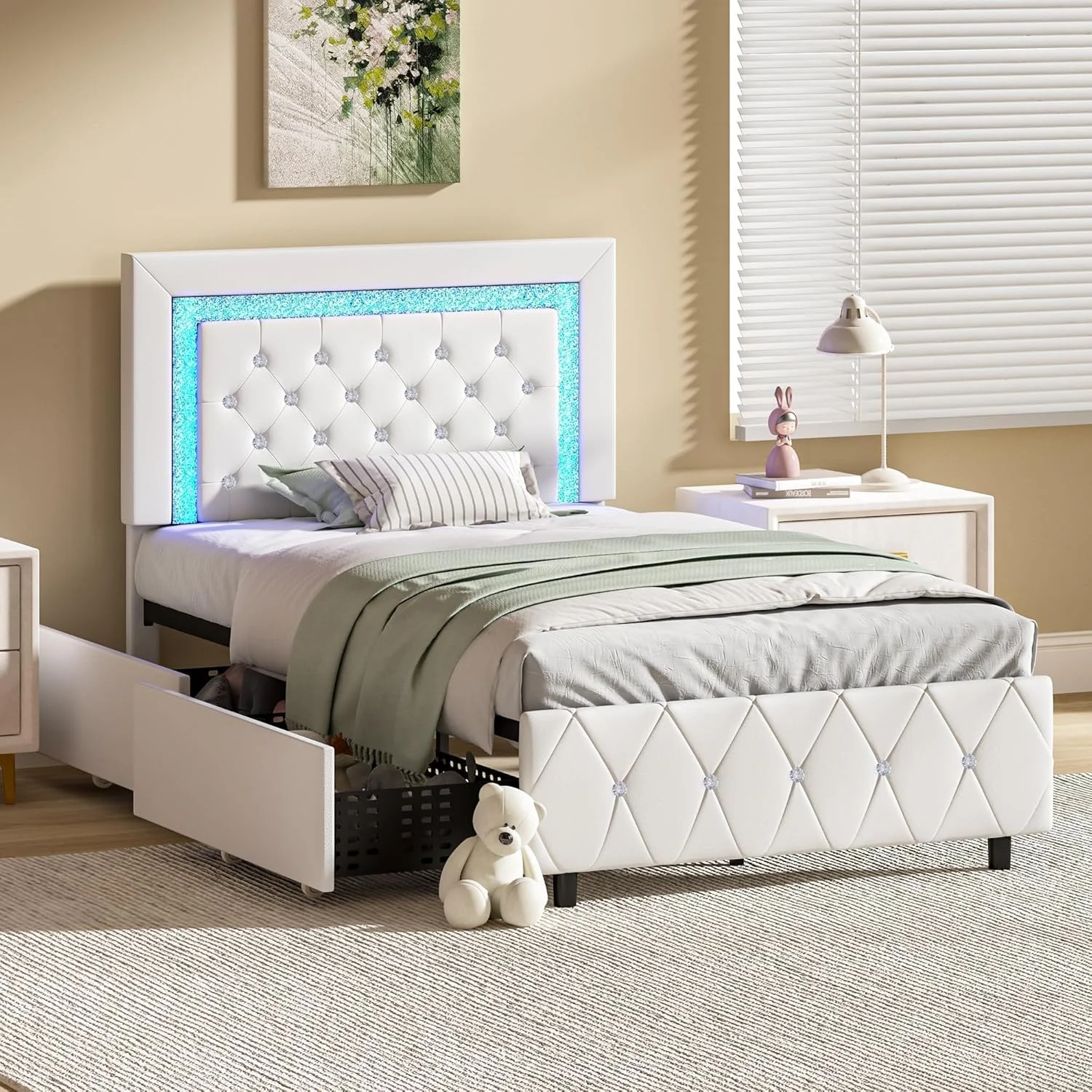 4 EVER WINNER Twin Size LED Bed Frame, Upholstered Platform Bed with 2 ...