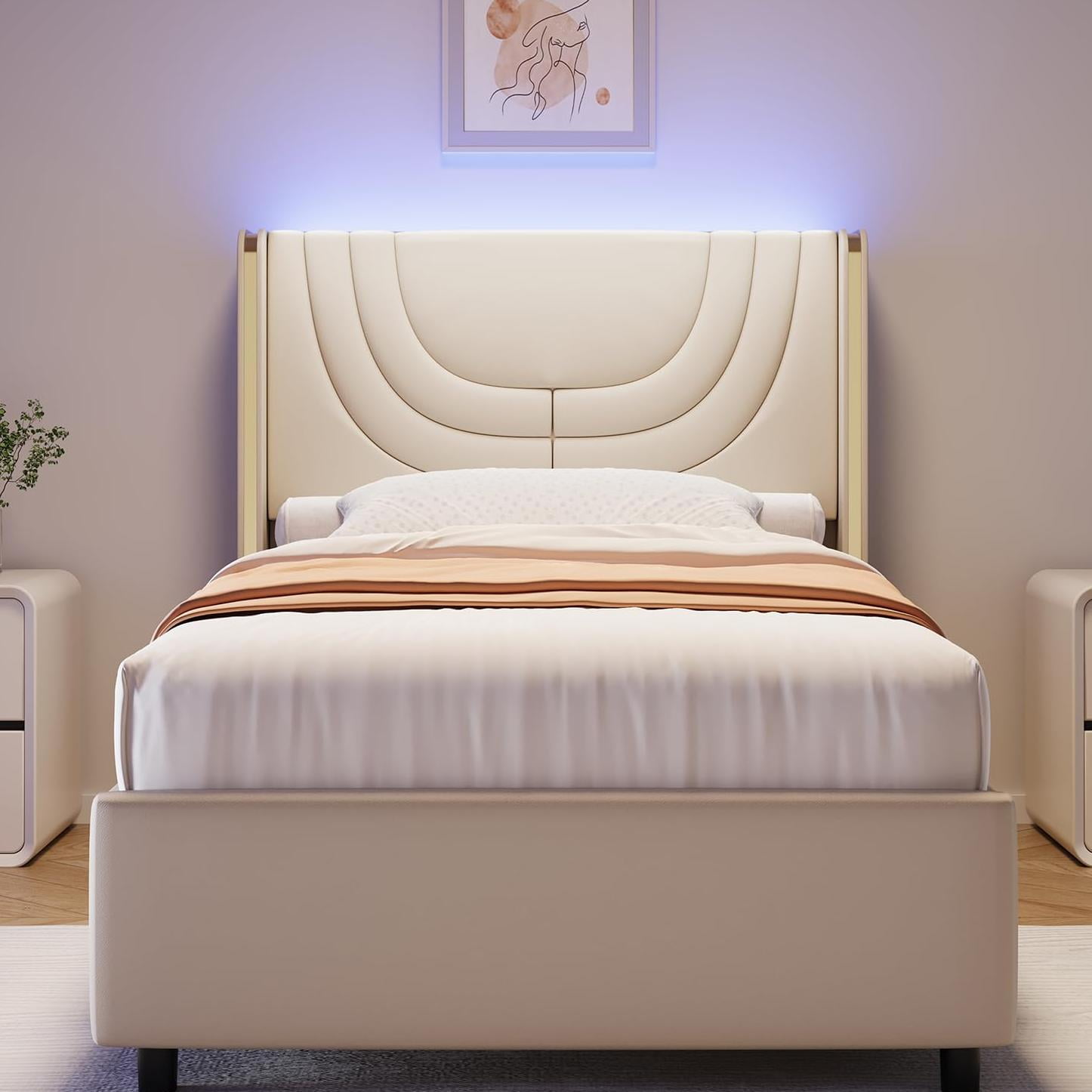 4 EVER WINNER Twin Size LED Bed Frame, Upholstered Platform Bed with ...