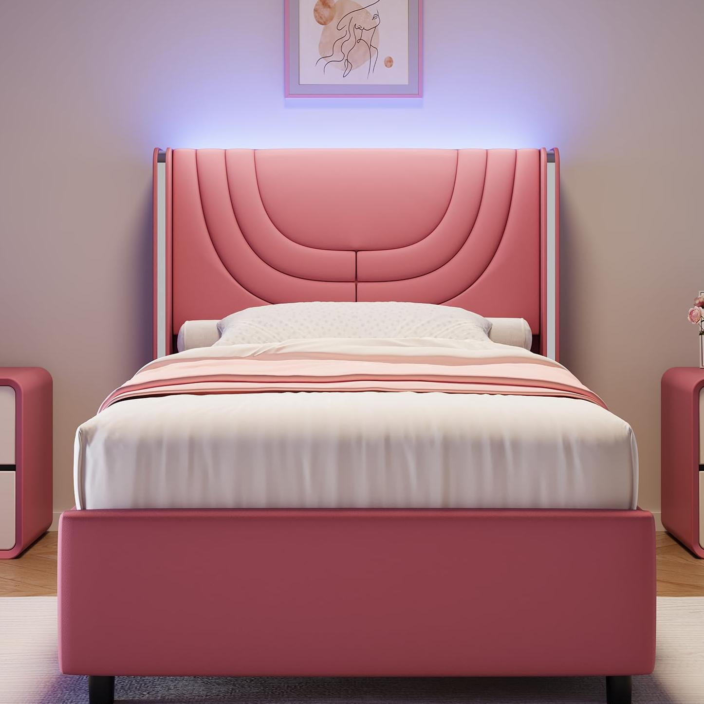 4 EVER WINNER Twin Size LED Bed Frame, Upholstered Platform Bed with ...