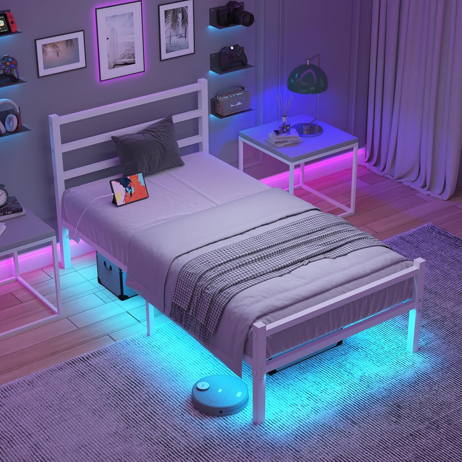 4 EVER WINNER Twin Size LED Bed Frame, White Metal Bed Frame with ...