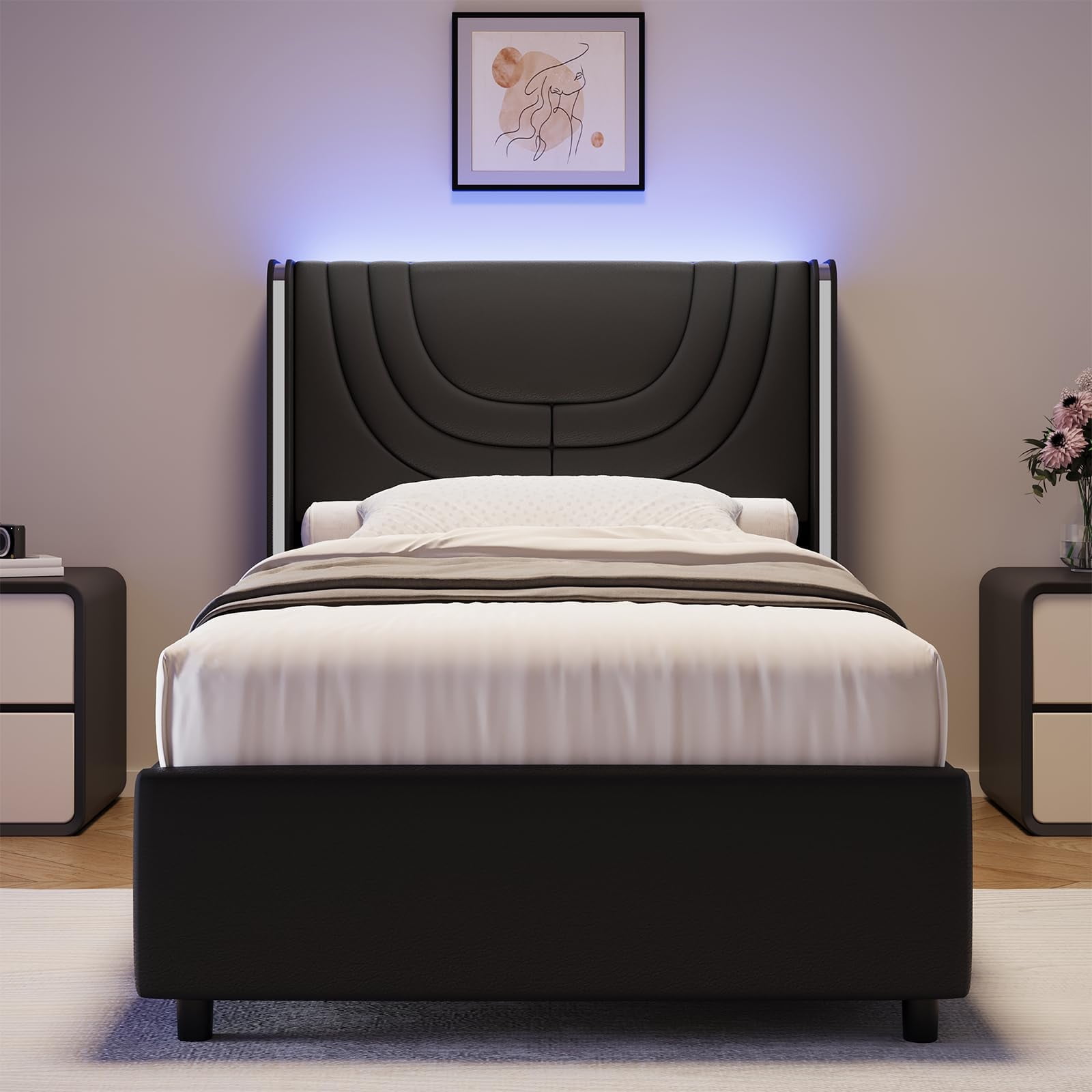4 EVER WINNER Twin Size LED Bed Frame, Wingback Platform Bed with ...
