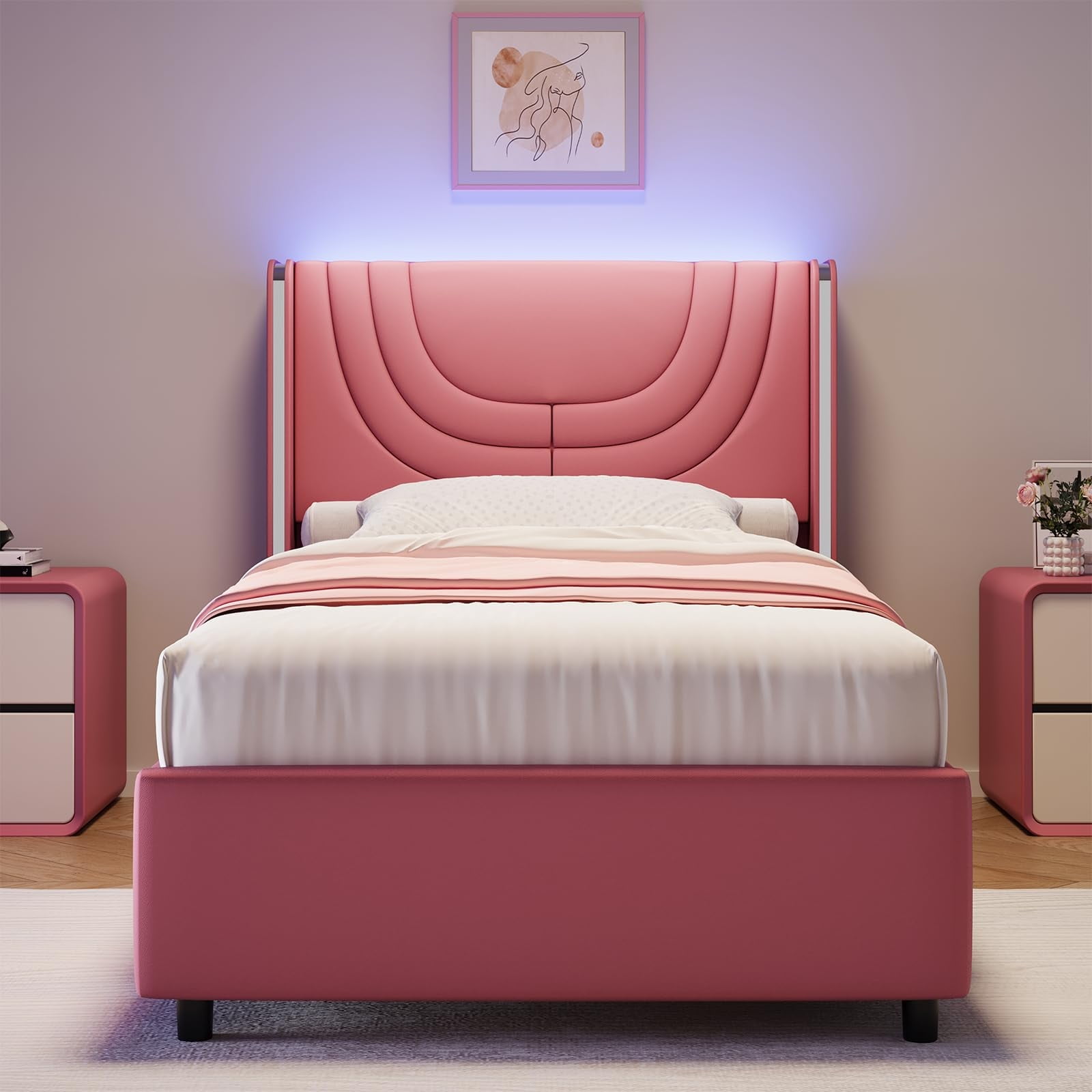 4 EVER WINNER Twin Size LED Bed Frame, Wingback Platform Bed with ...