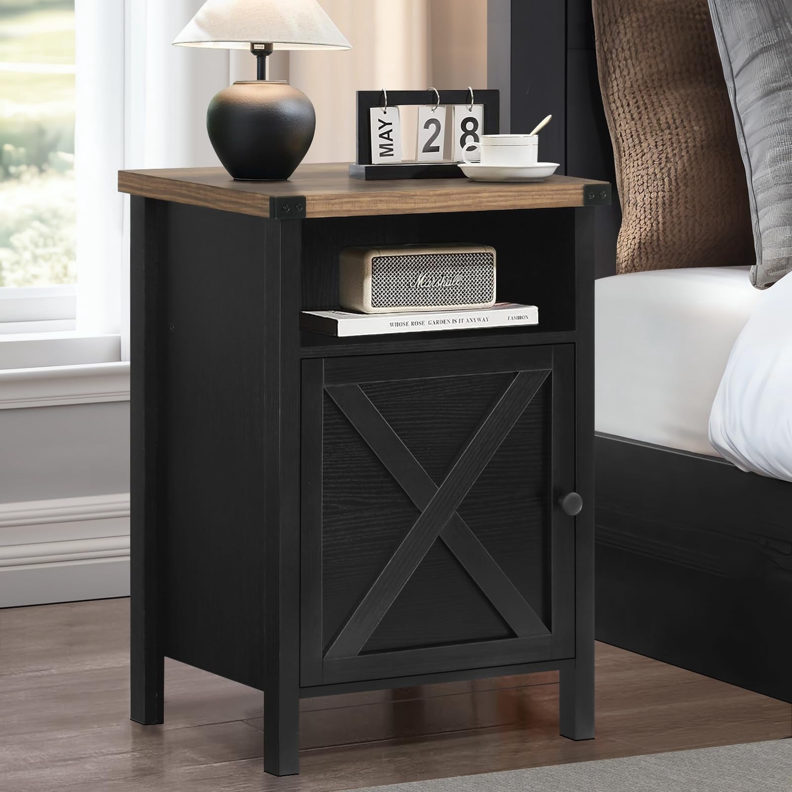 4 EVER WINNER Two-Tone Barn Door Side Table, Wood & Black End Table ...