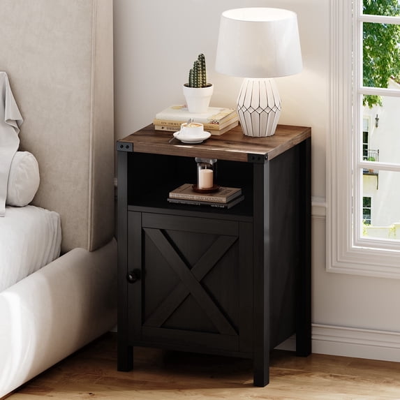 4 EVER WINNER Two-Tone Barn Door Side Table, Wood & Black Storage End ...