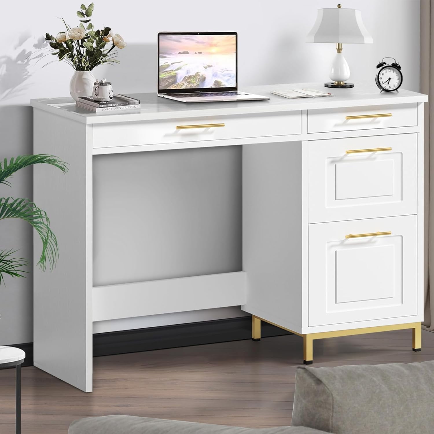 4 EVER WINNER White Desk with Drawers and Golden Handles, 43" Home ...