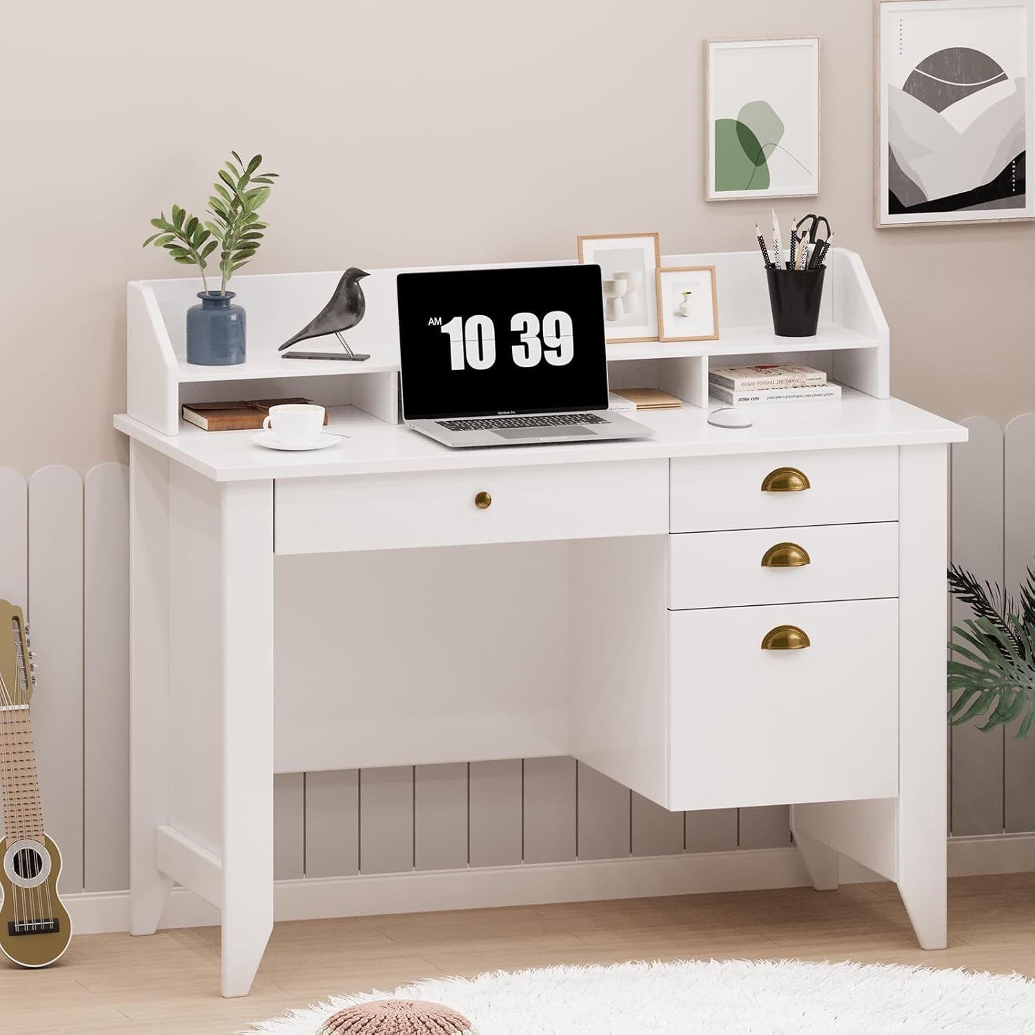 4 EVER WINNER White Desk with Drawers and Monitor Stand, 47 Inch ...
