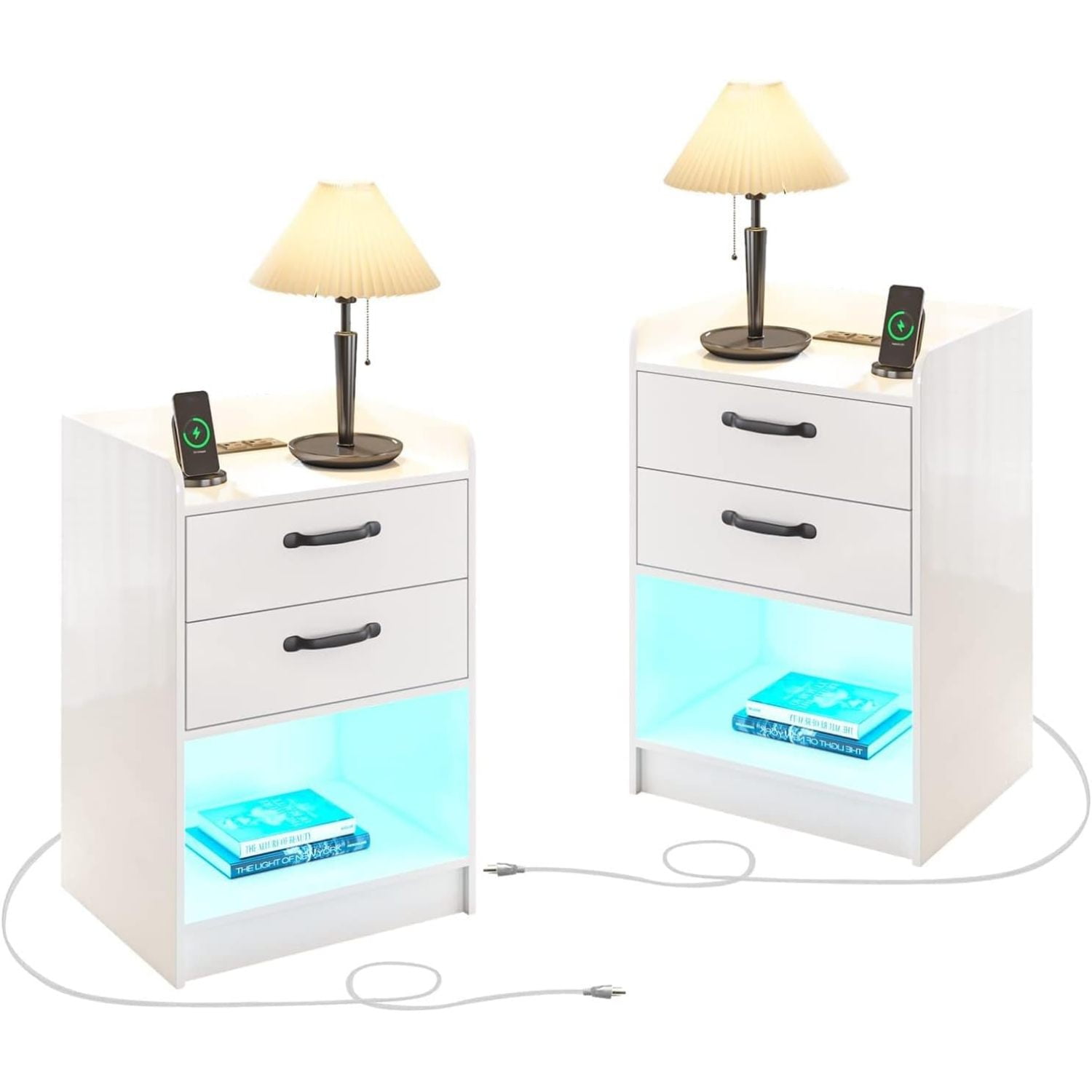 4 EVER WINNER White Nightstand Set of 2 with Charging Station, LED ...