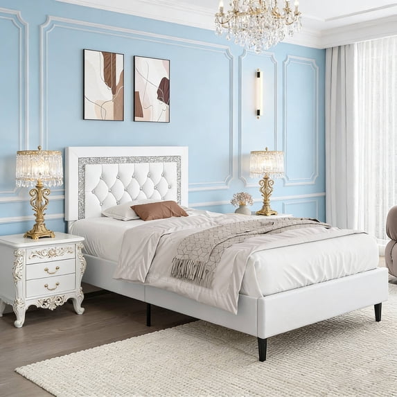 4 EVER WINNER White Twin Bed Frame with Diamond Tufted Headboard ...