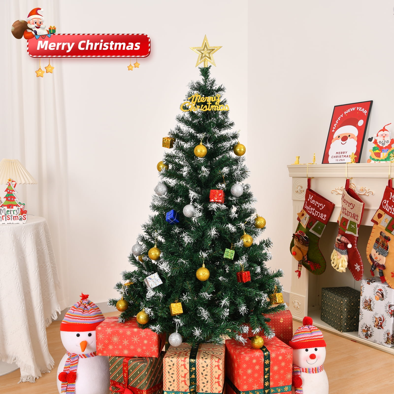 4 FT Artificial Snow Tipped Christmas Tree Unlit Christmas Pine Tree ...