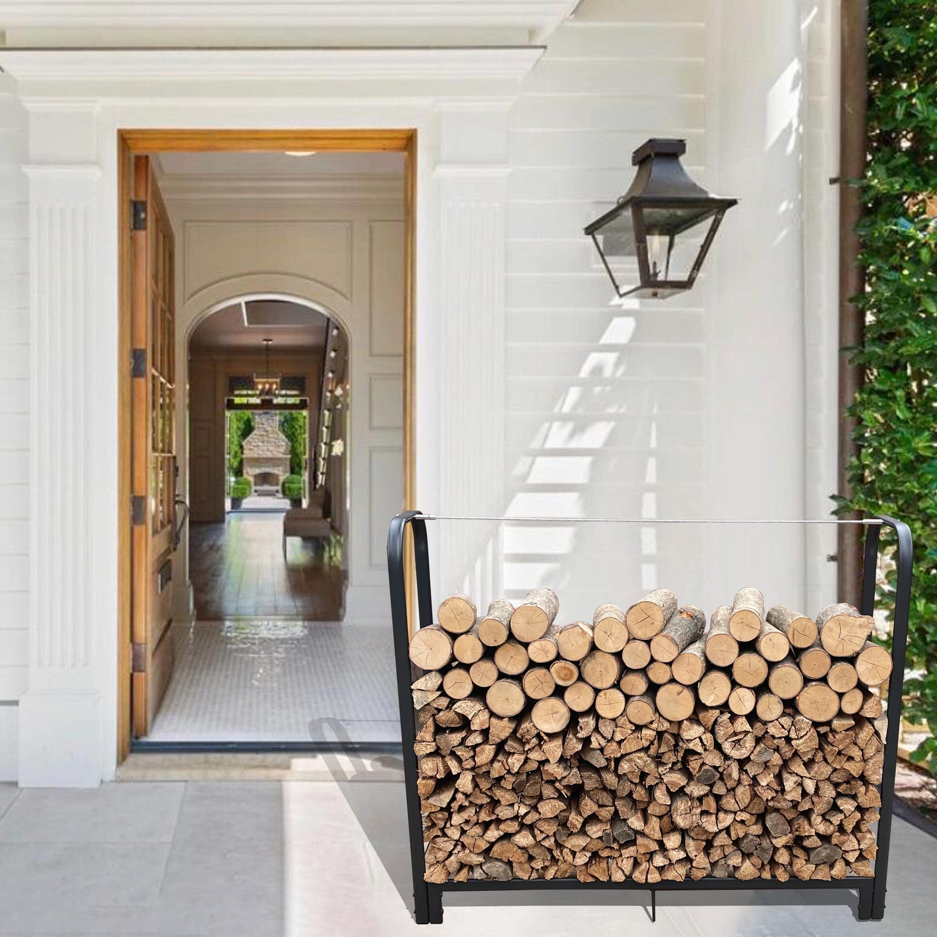 4 FT Firewood Rack, Modern Logs Holder with 1 Wirerope, 4 Solid Metal ...