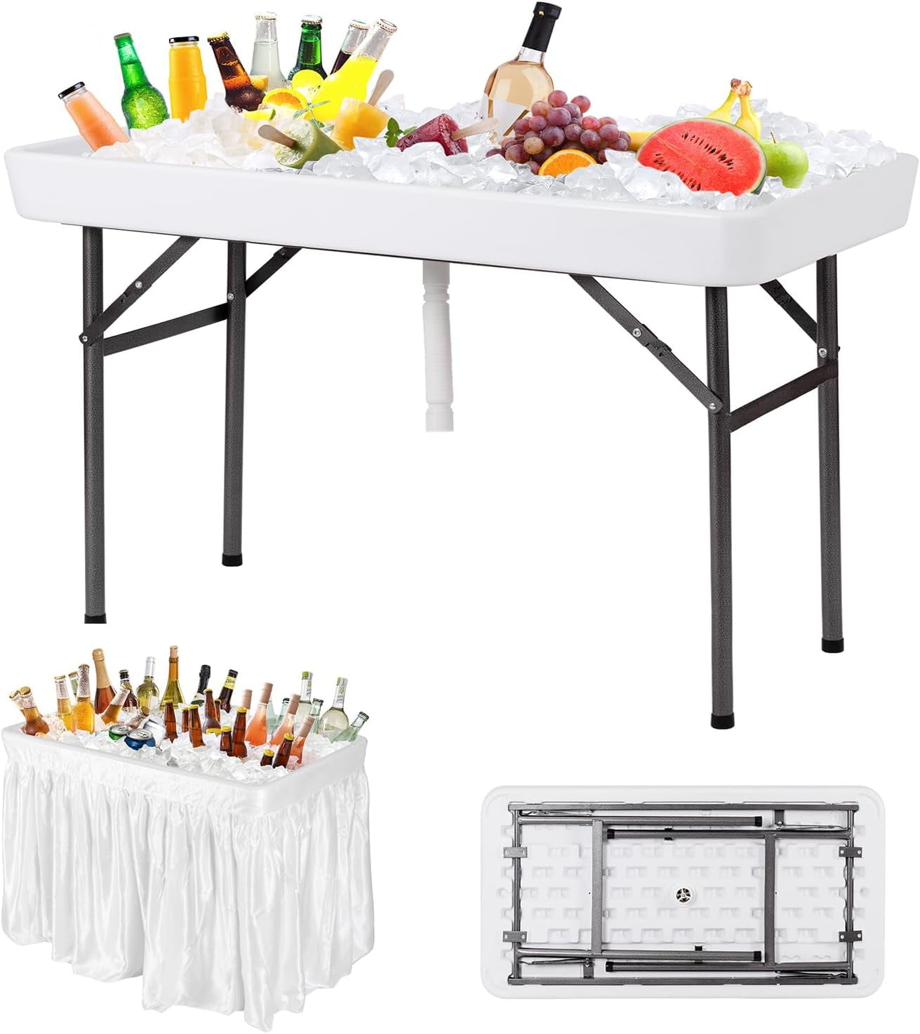 4 FT Folding Cooler Table with Drain & Removable Matching Skirt, No ...