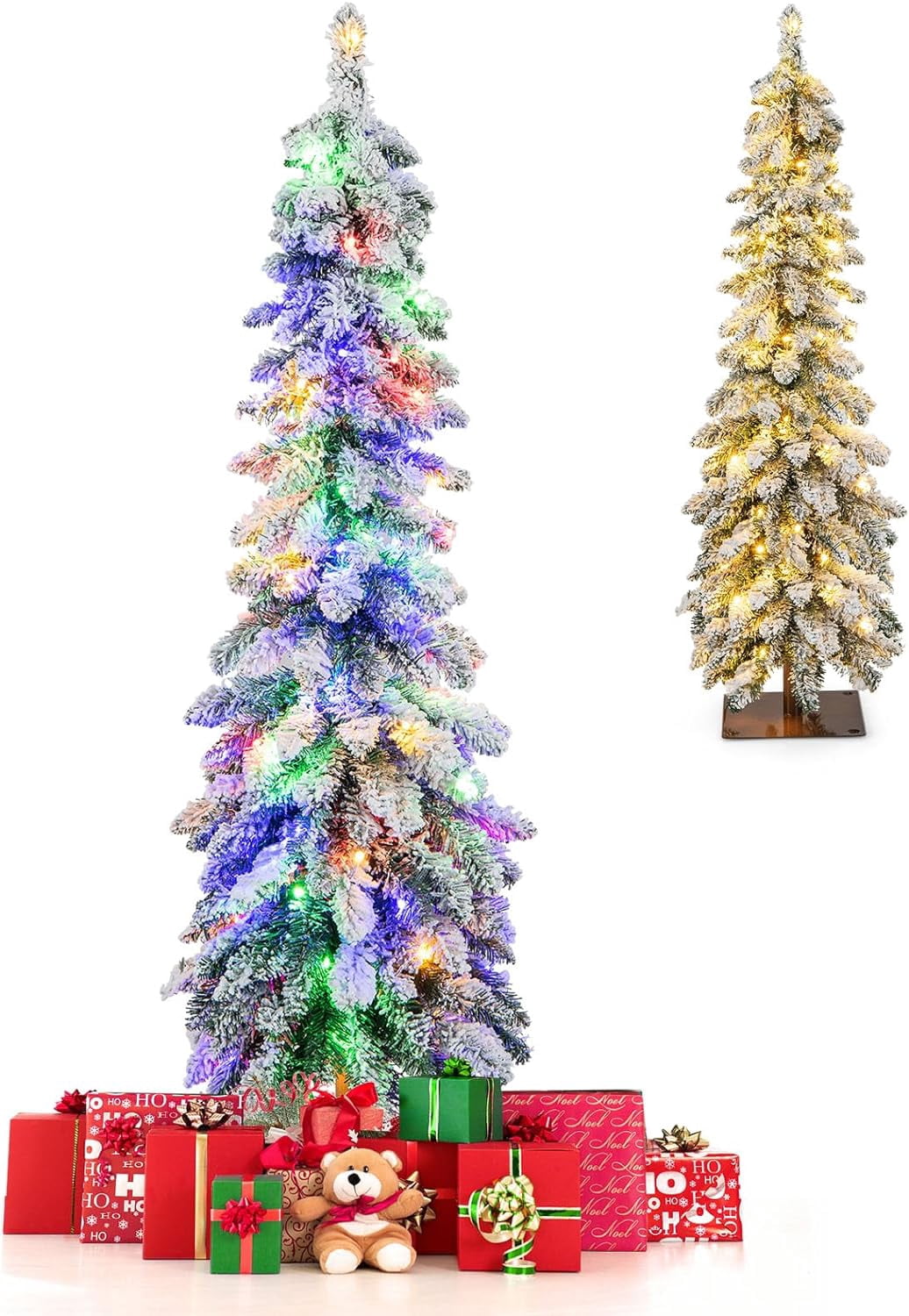 4 FT Pre-Lit Artificial Christmas Tree, Snow Flocked Slim Pencil ...