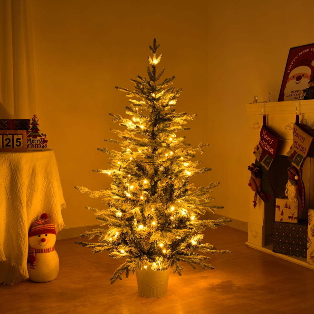 4 FT Snow Flocked Pre-lit Artificial Christmas Tree with Pot Stand ...