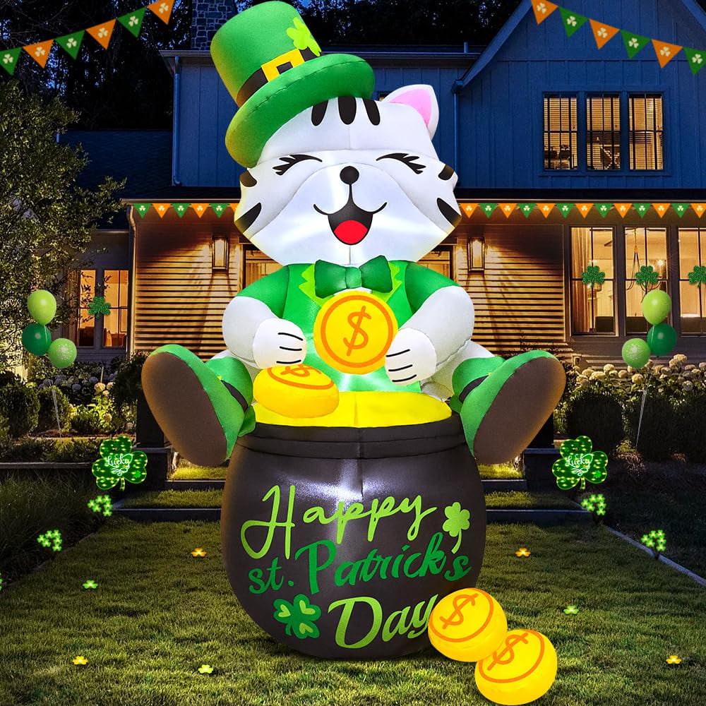 4 FT St Patricks Day Inflatables Outdoor Decor, Inflatable Cat Sits The ...