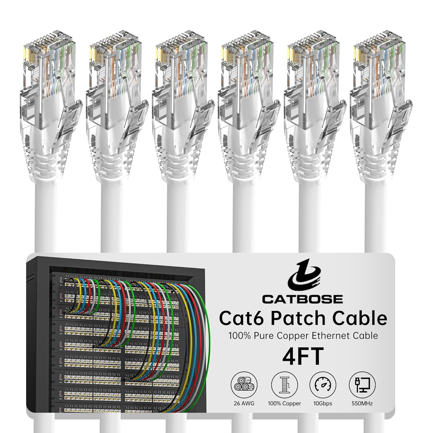 4 Feet Cat6 Patch Cable(6 Pack), Solid Pure Copper Patch Cord, Cat 6 ...
