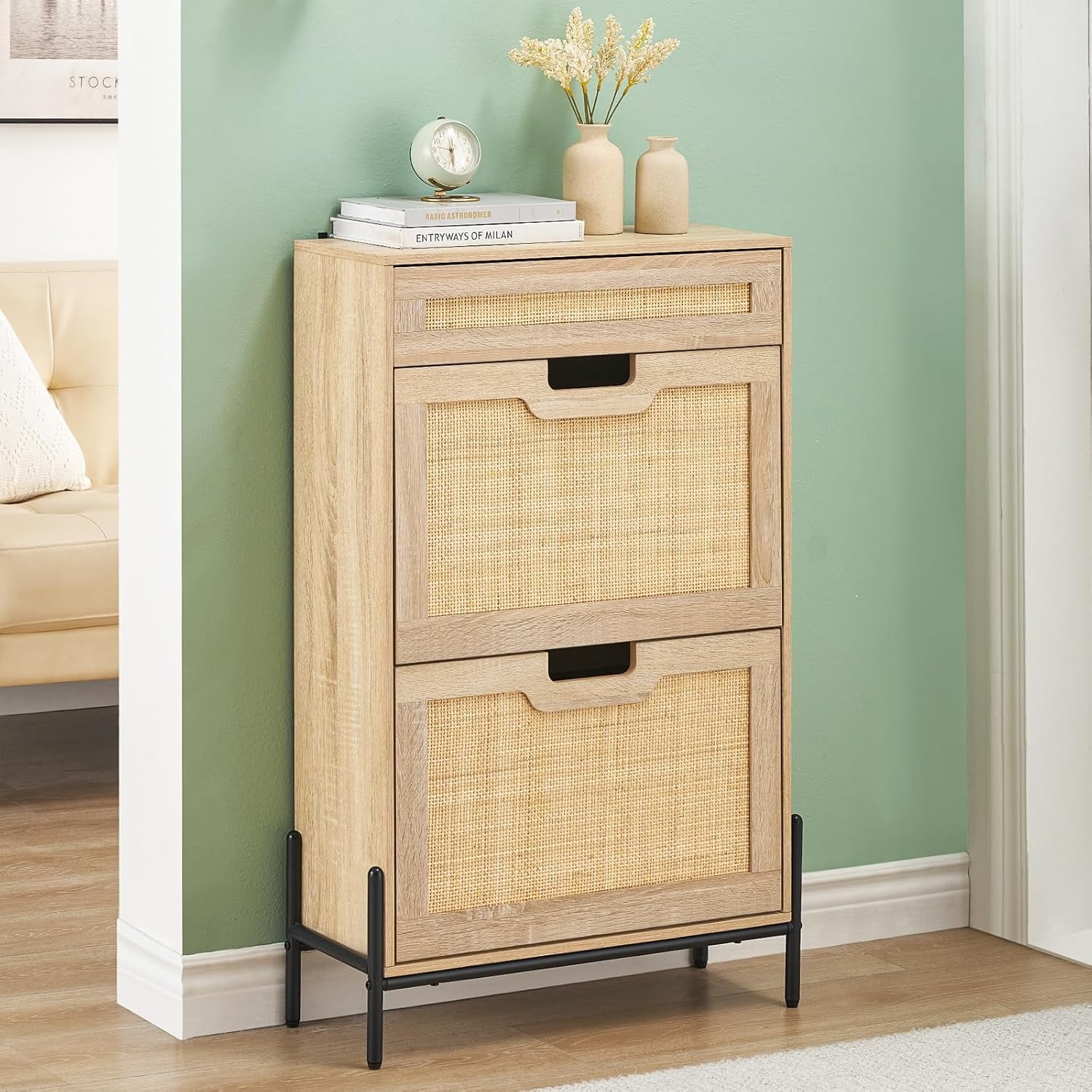 4 Flip Drawers Shoe Storage Cabinet GUBUONIP Rattan Shoe Organizer with ...