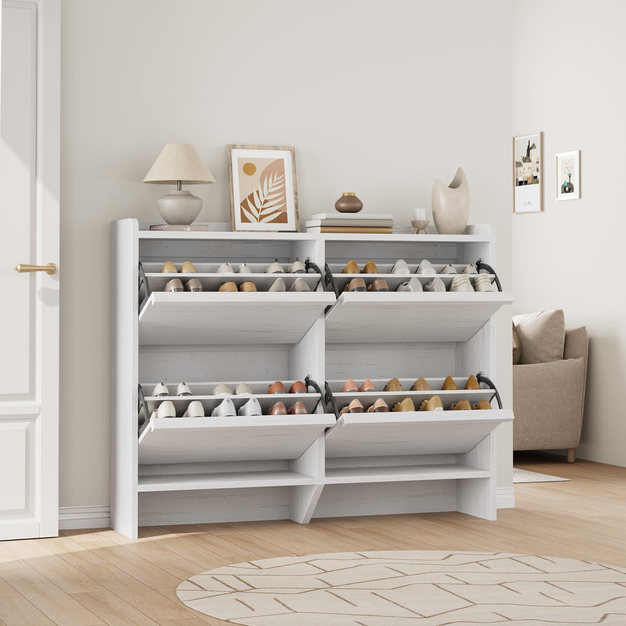 4 Flip Drawers Wooden Shoe Cabinet, Narrow Freestanding Organizer with ...