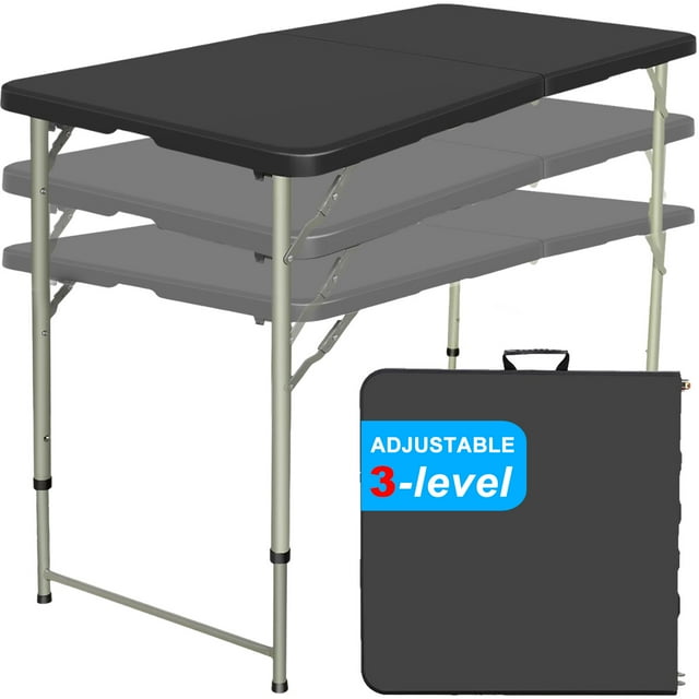 4 Foot Folding Table, Fold-in-Half Adjustable Height Camping Table ...