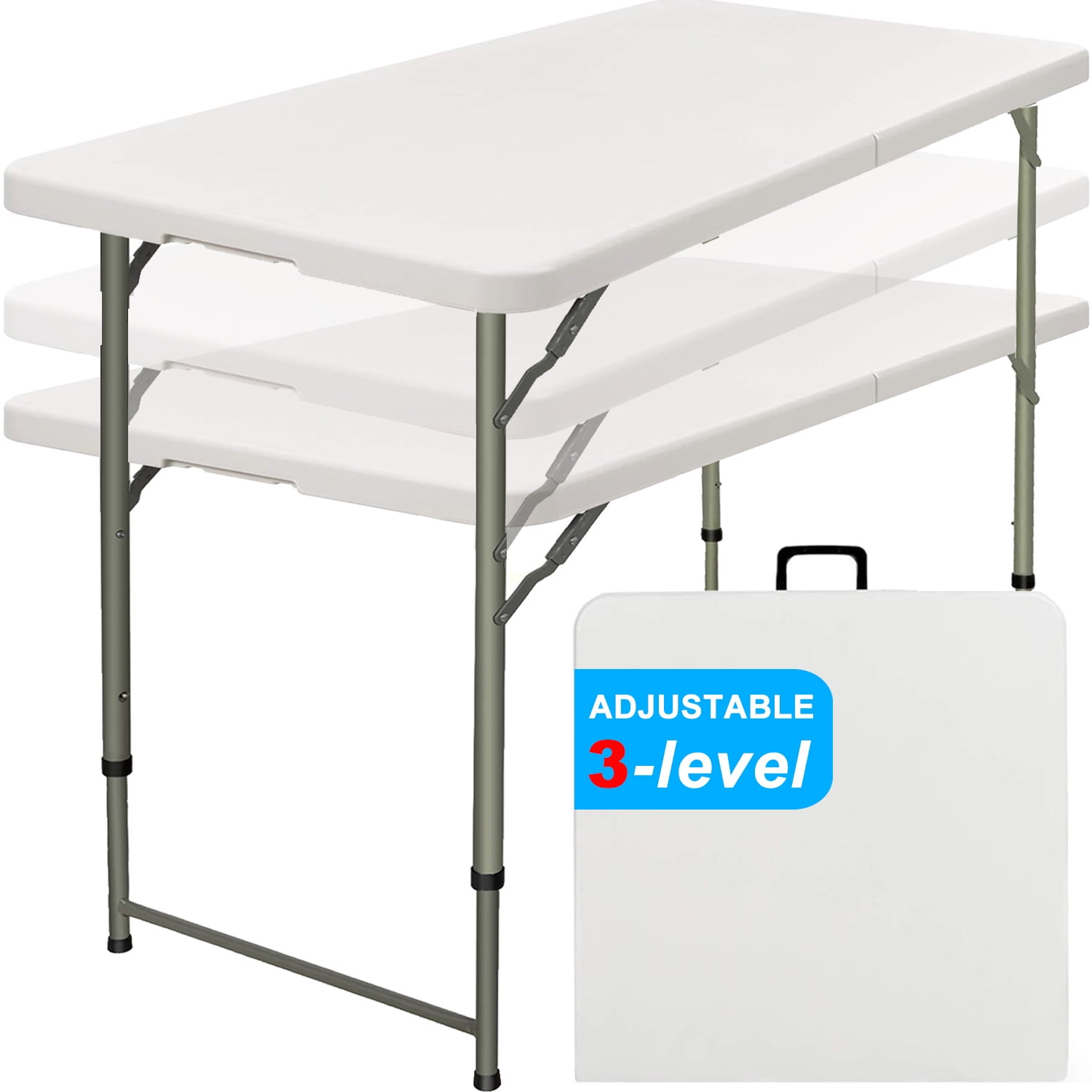 4 Foot Folding Table, Fold-in-Half Adjustable Height Camping Table ...