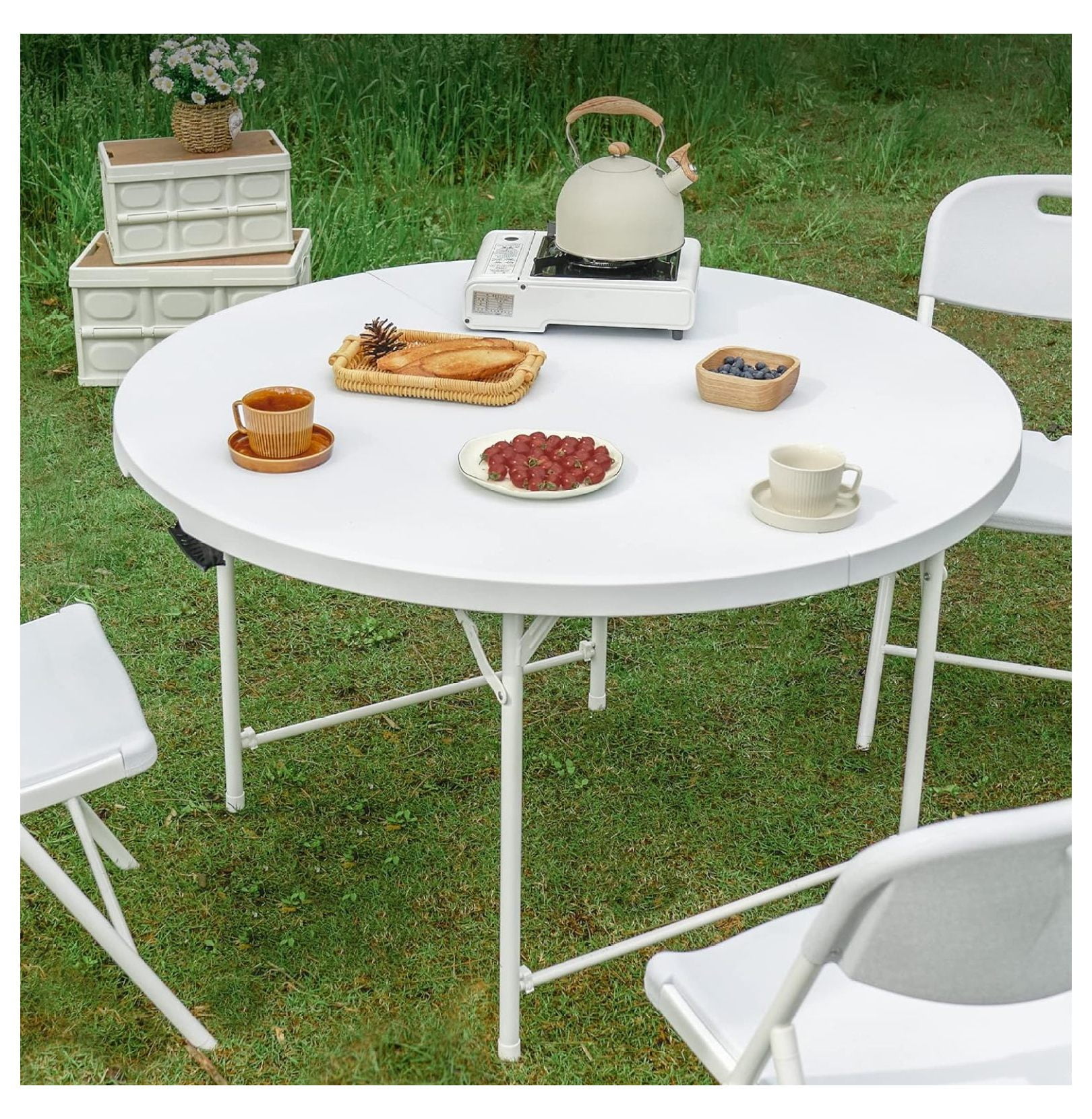4 Foot Plastic Round Folding Table for 6-8 Seats, '' Portable Bi-Fold ...