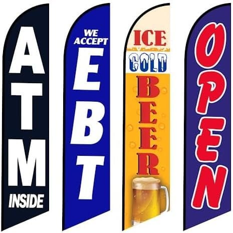 4 Four Pack Tall Feather Flags ATM Inside EBT Ice Cold Beer and Open ...