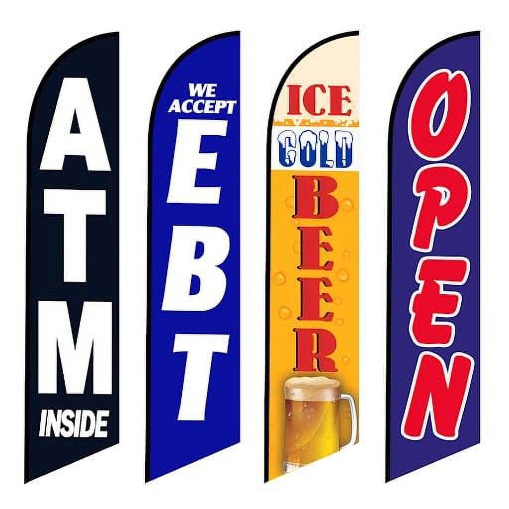 4 (Four) Pack Tall Feather Flags ATM Inside EBT Ice Cold Beer and Open ...