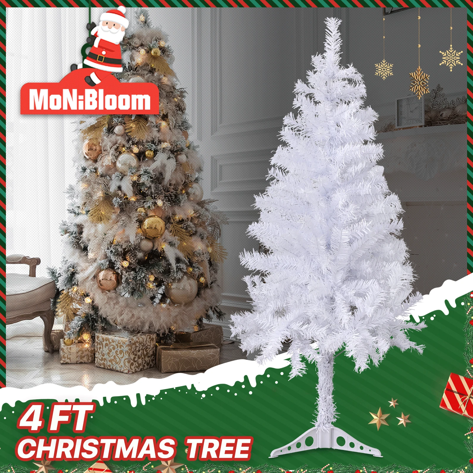 4 Ft Artificial Christmas Tree White Pvc Leaves Metal Stand Holiday ...