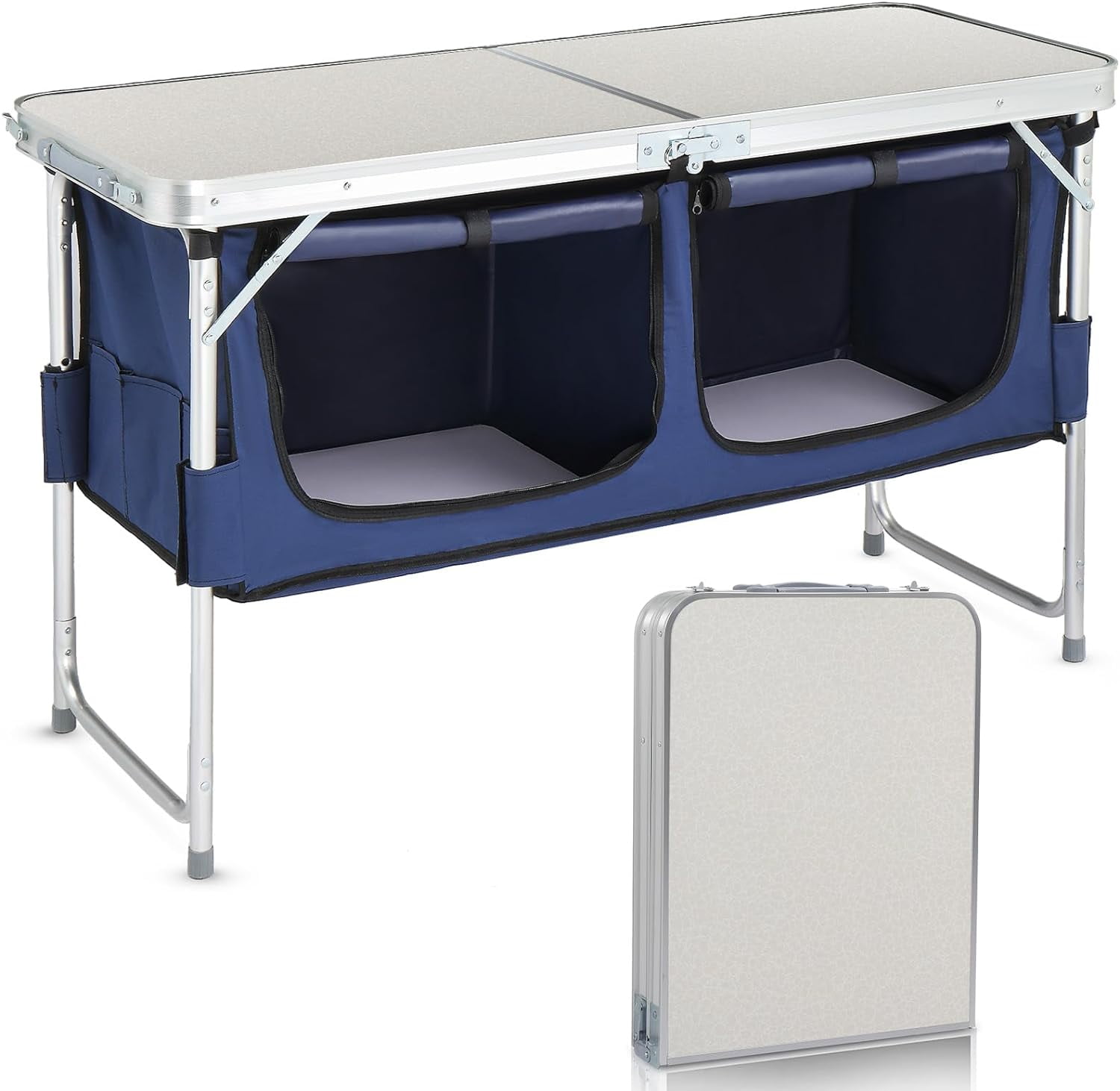 4 Ft Folding Table with Storage, Portable Camping Table Adjustable ...
