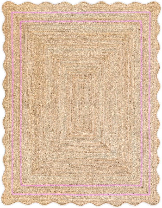 4 Ft Square Pink Border Premium Scalloped Jute Rug, Handcrafted Natural ...